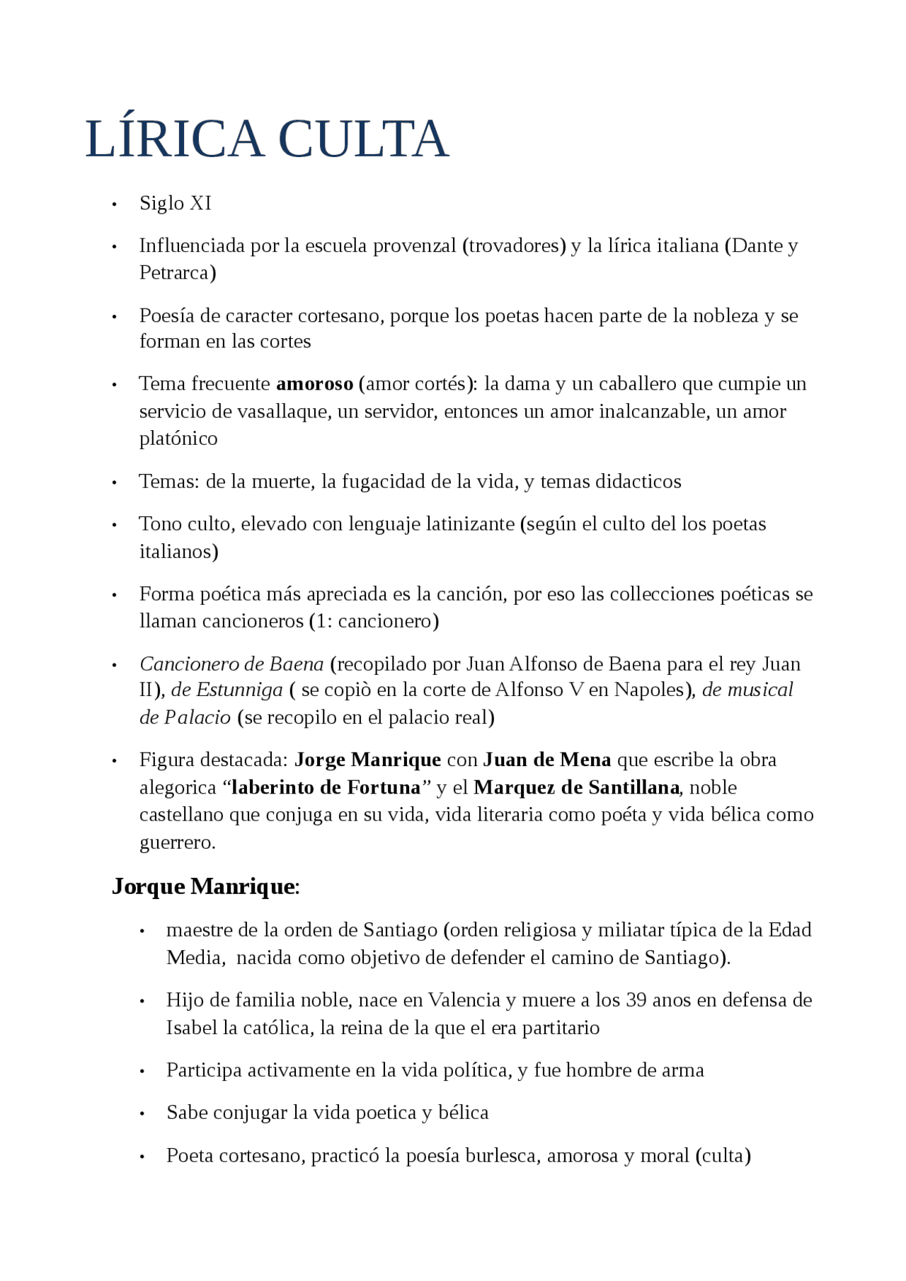 Lirica Culta y Jorque Manrique - Docsity