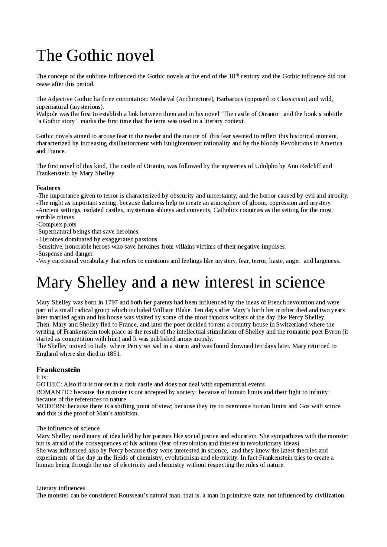 The gothic novel, Mary Shelley and Frankestein - Docsity