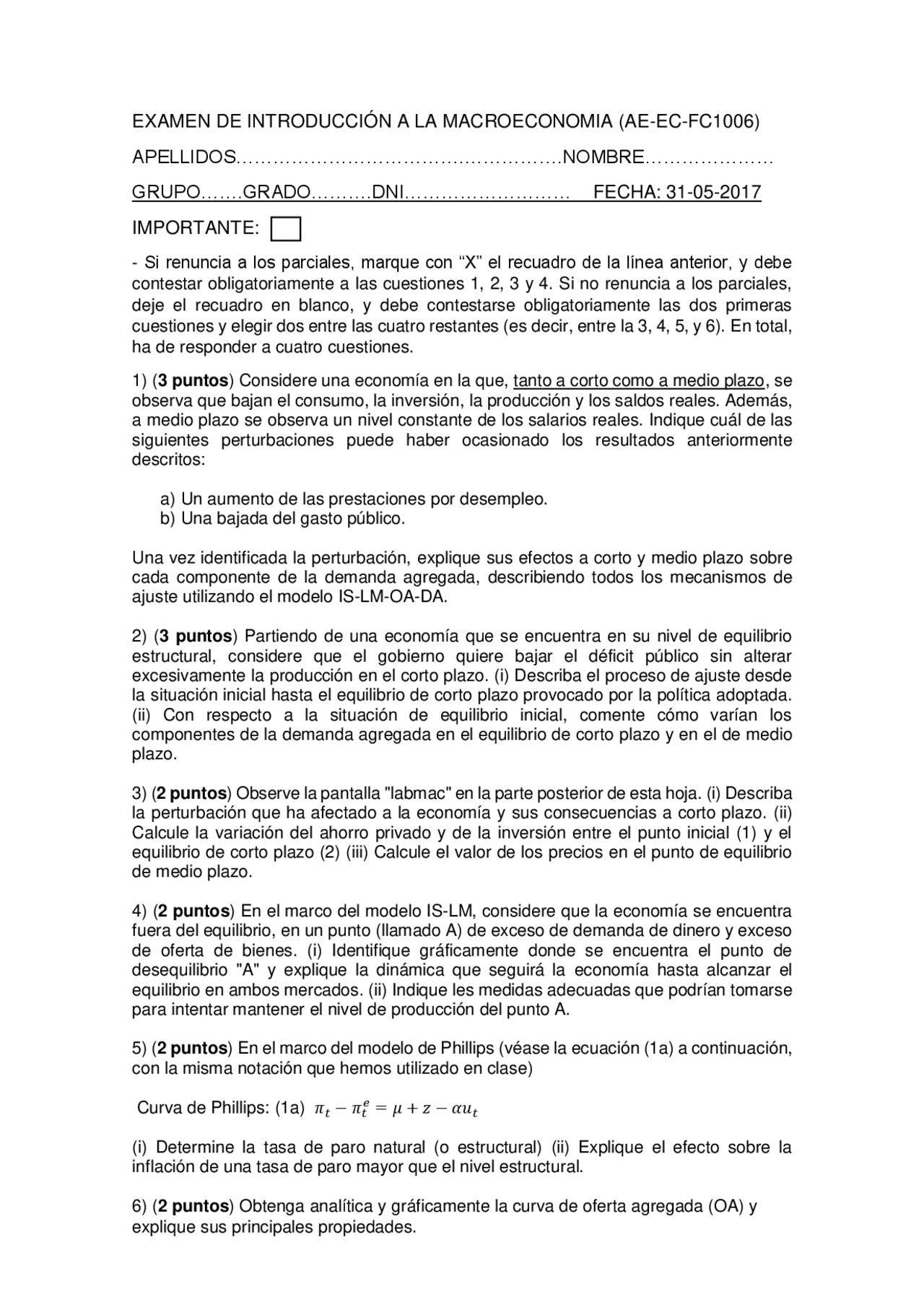 Examen Final Introducción A La Macroeconomía 1006 Docsity