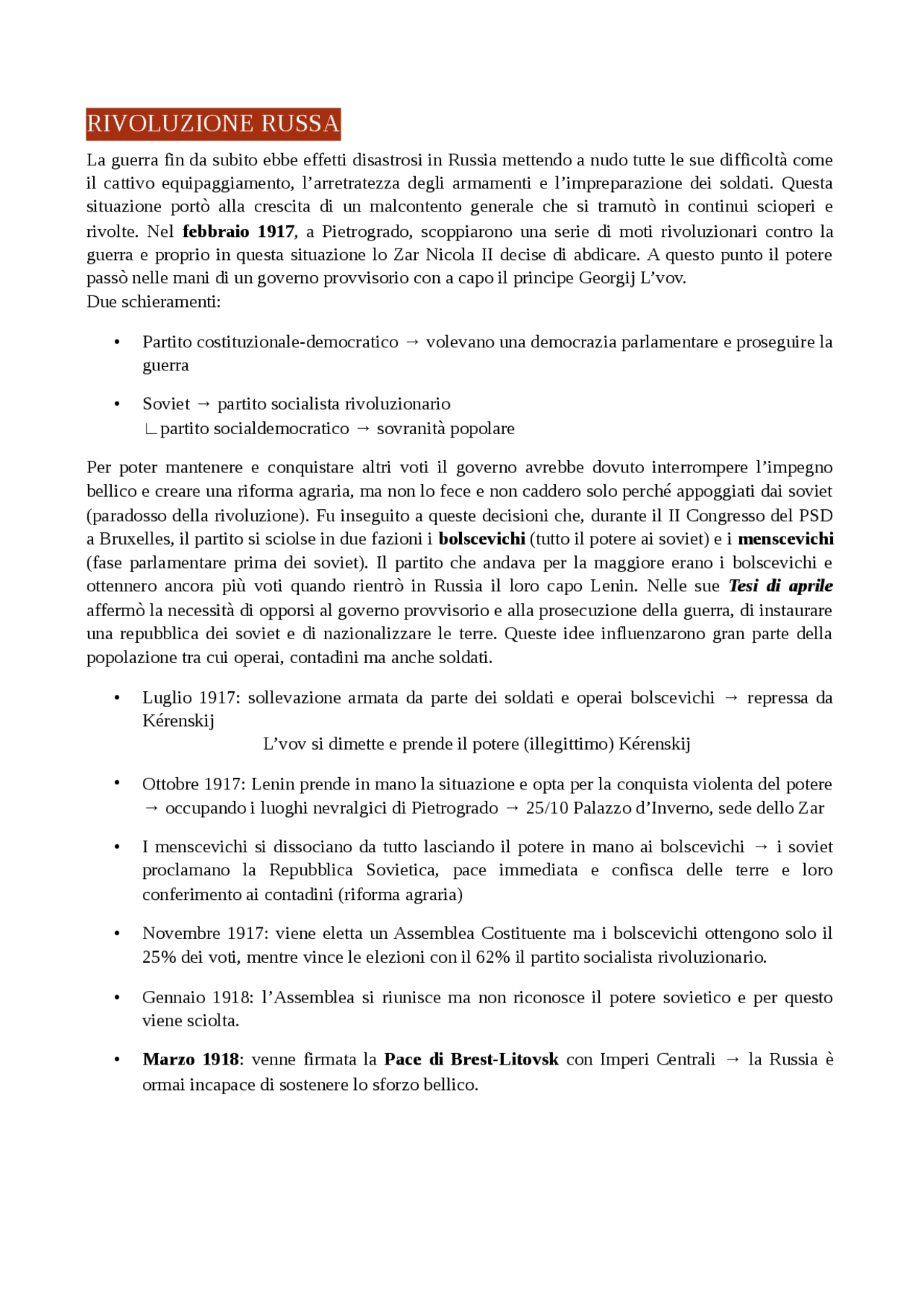 Riassunto Rivoluzione Russa Docsity