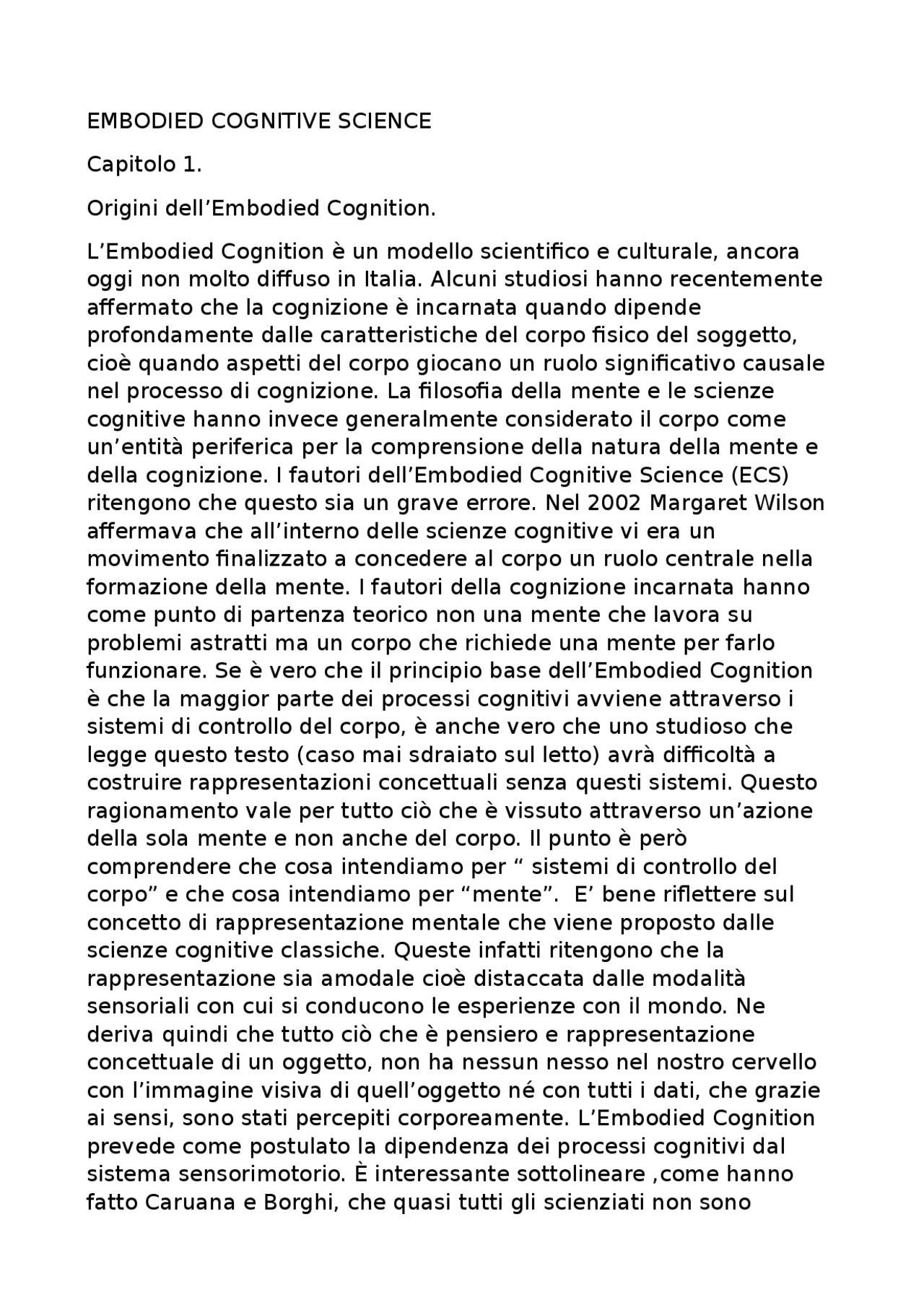 Riassunti Embodied Cognitive Science - Docsity