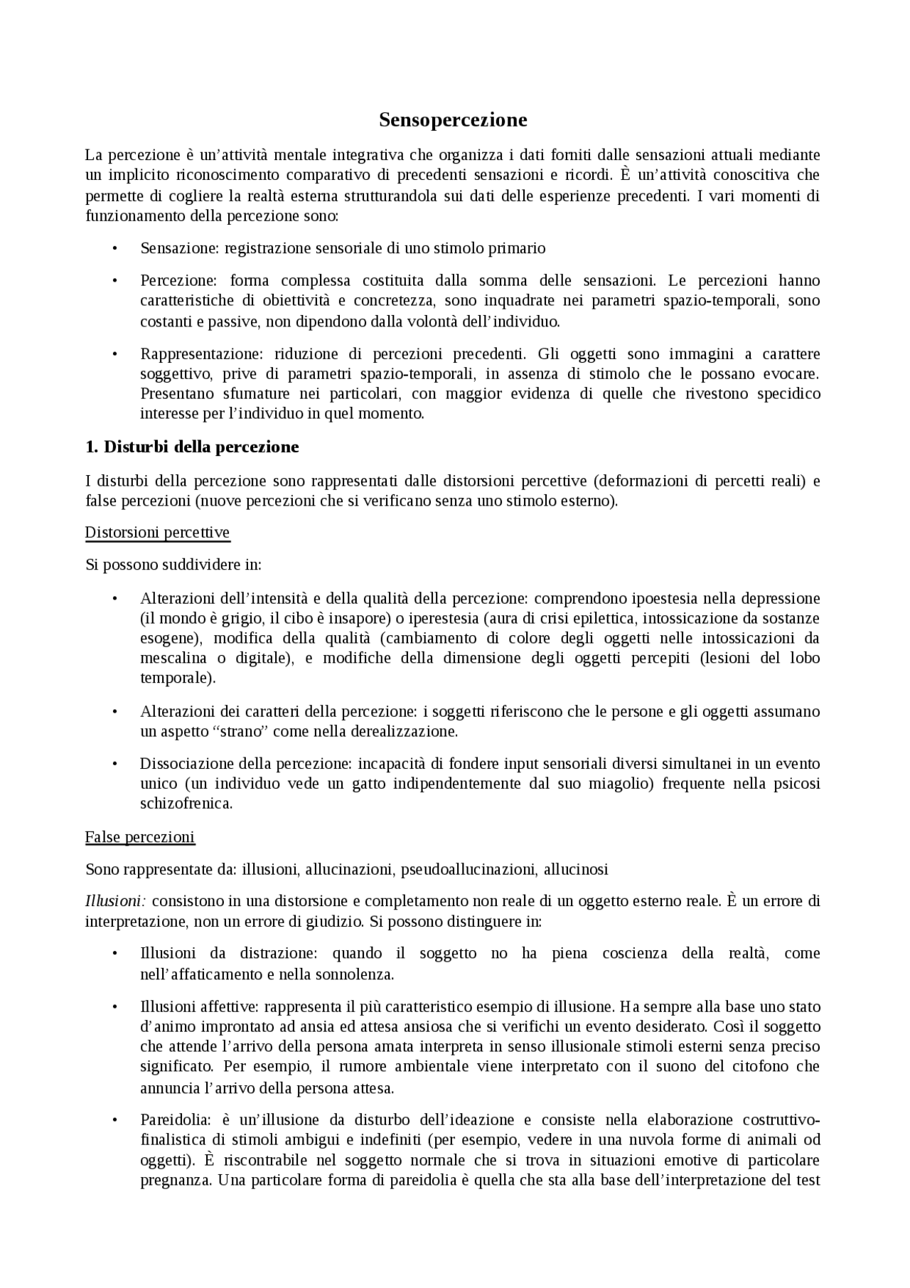Sensopercezione Alterazioni Allucinazioni E Illusioni Docsity