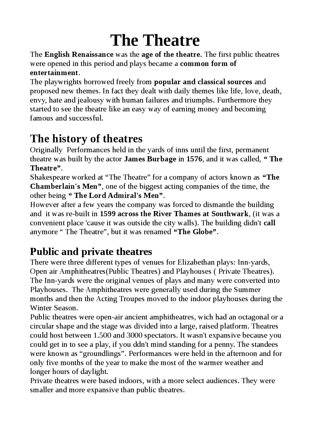 Il teatro ai tempi dell'era elisabettiana | Appunti di Inglese | Docsity