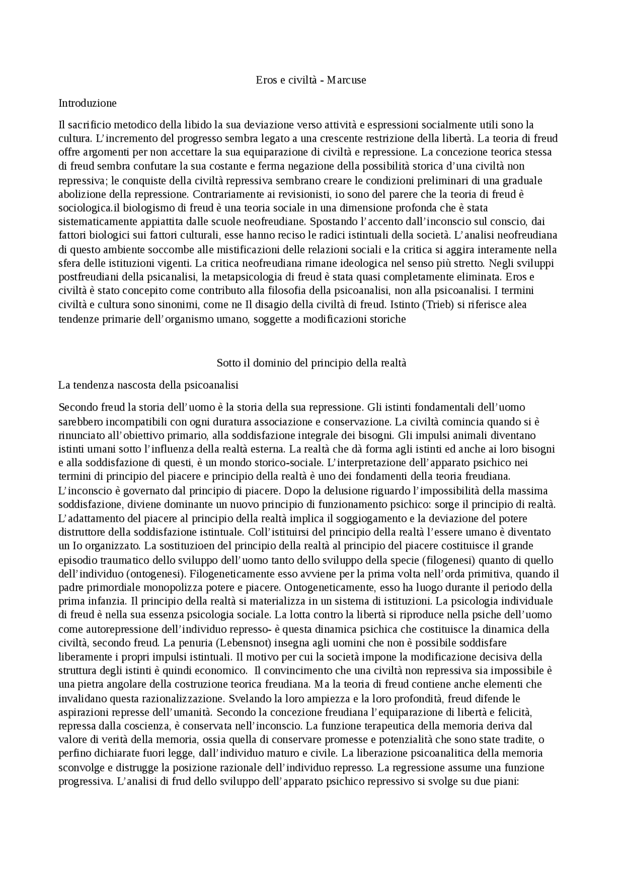 Eros E Civiltà Marcuse Docsity