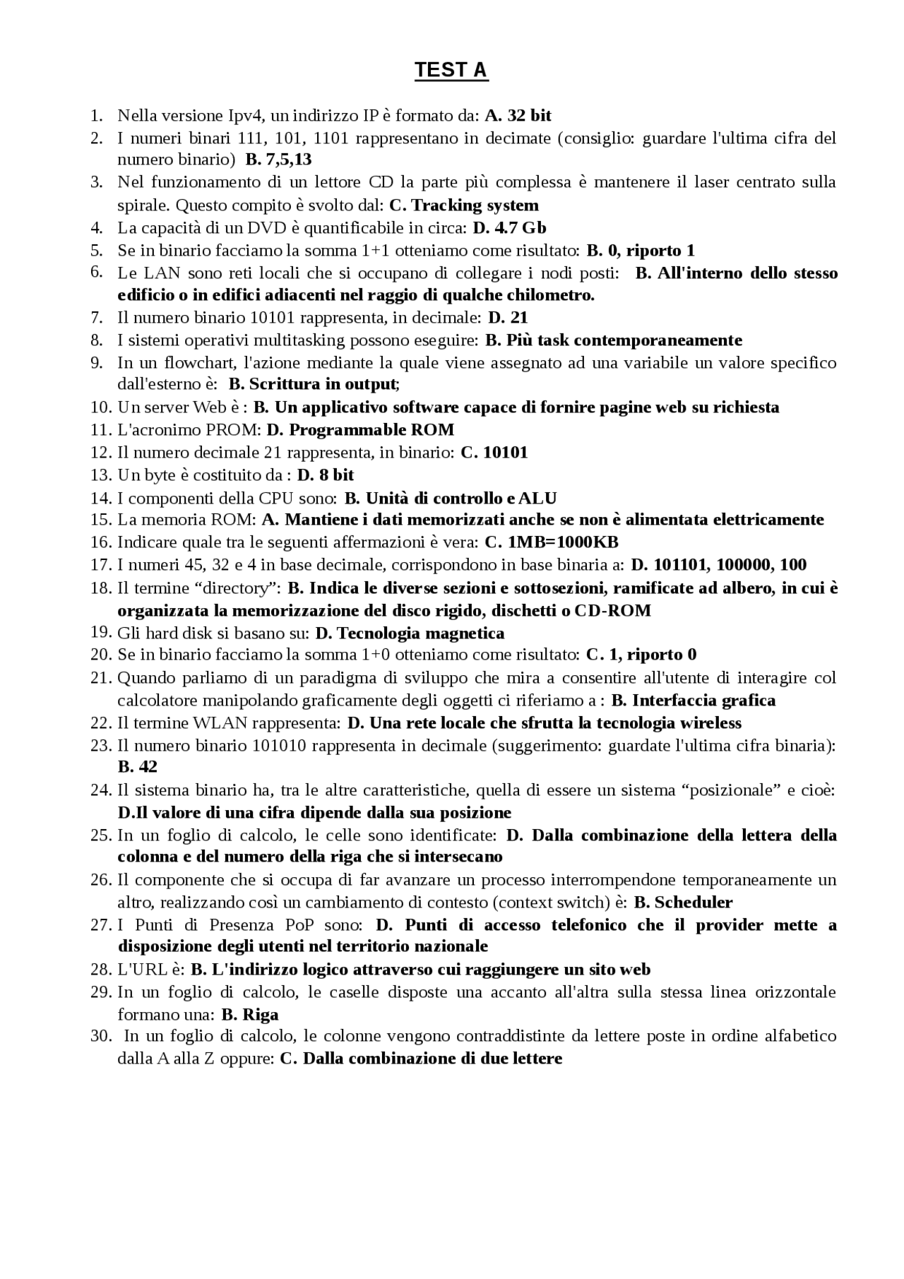 Test Informatica Pegaso Prove Desame Di Elementi Di Informatica