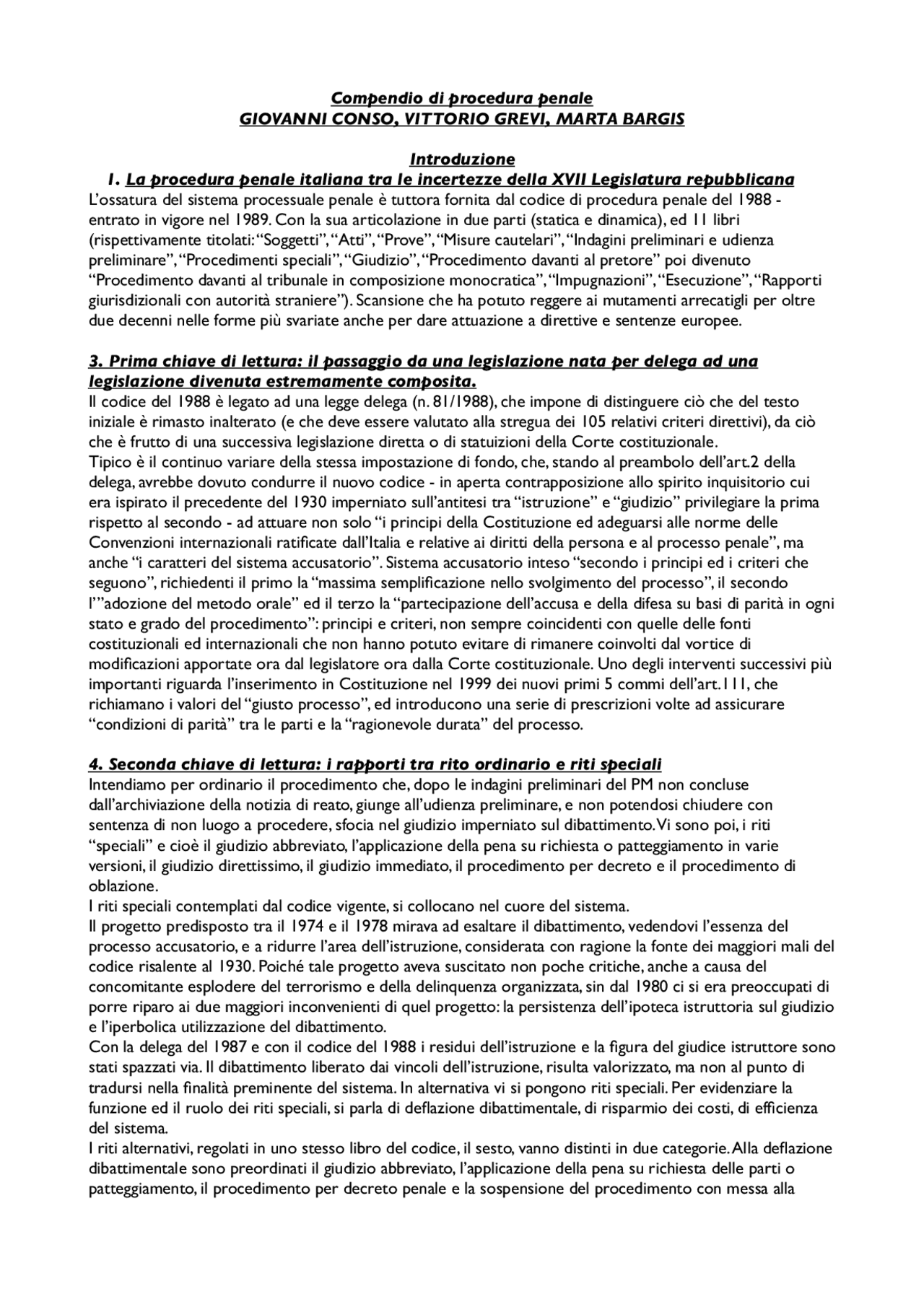 Sintesi Compendio Di Procedura Penale Conso Grevi Bargis Docsity
