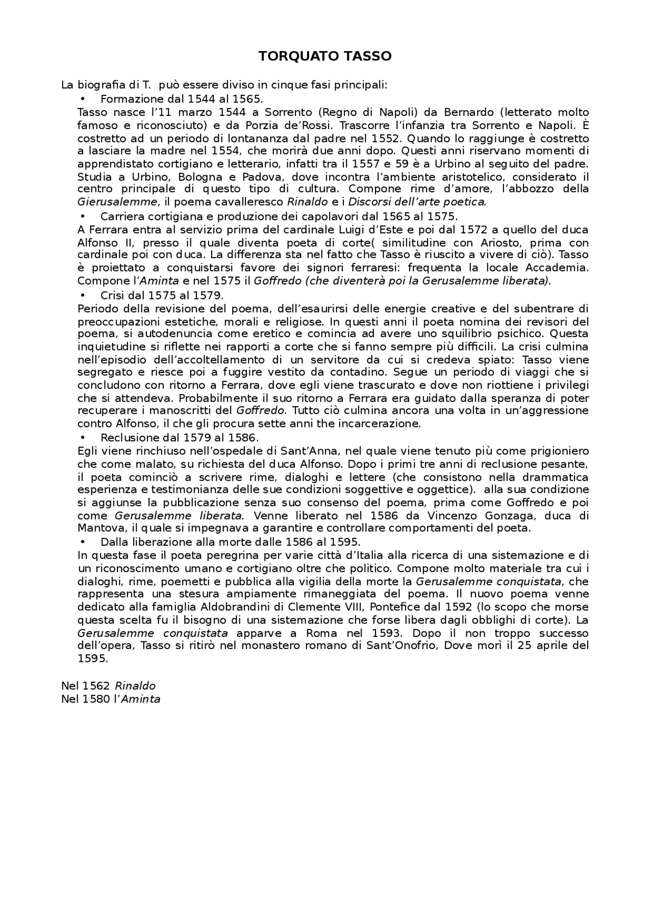 Torquato Tasso E La Gerusalemme Liberata Docsity