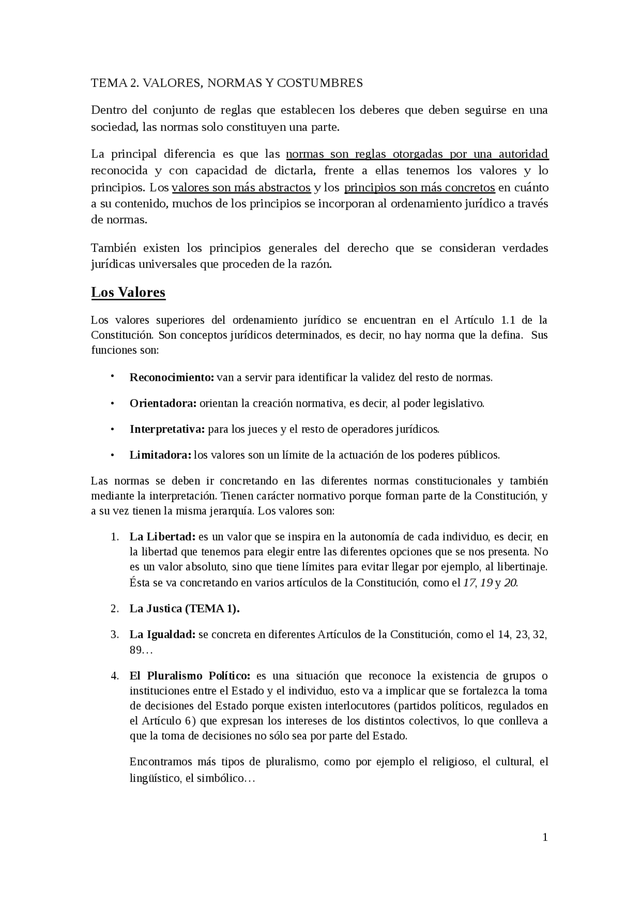 TEMA 2 VALORES, NORMAS Y COSTUMBRES | Apuntes de Deontología | Docsity