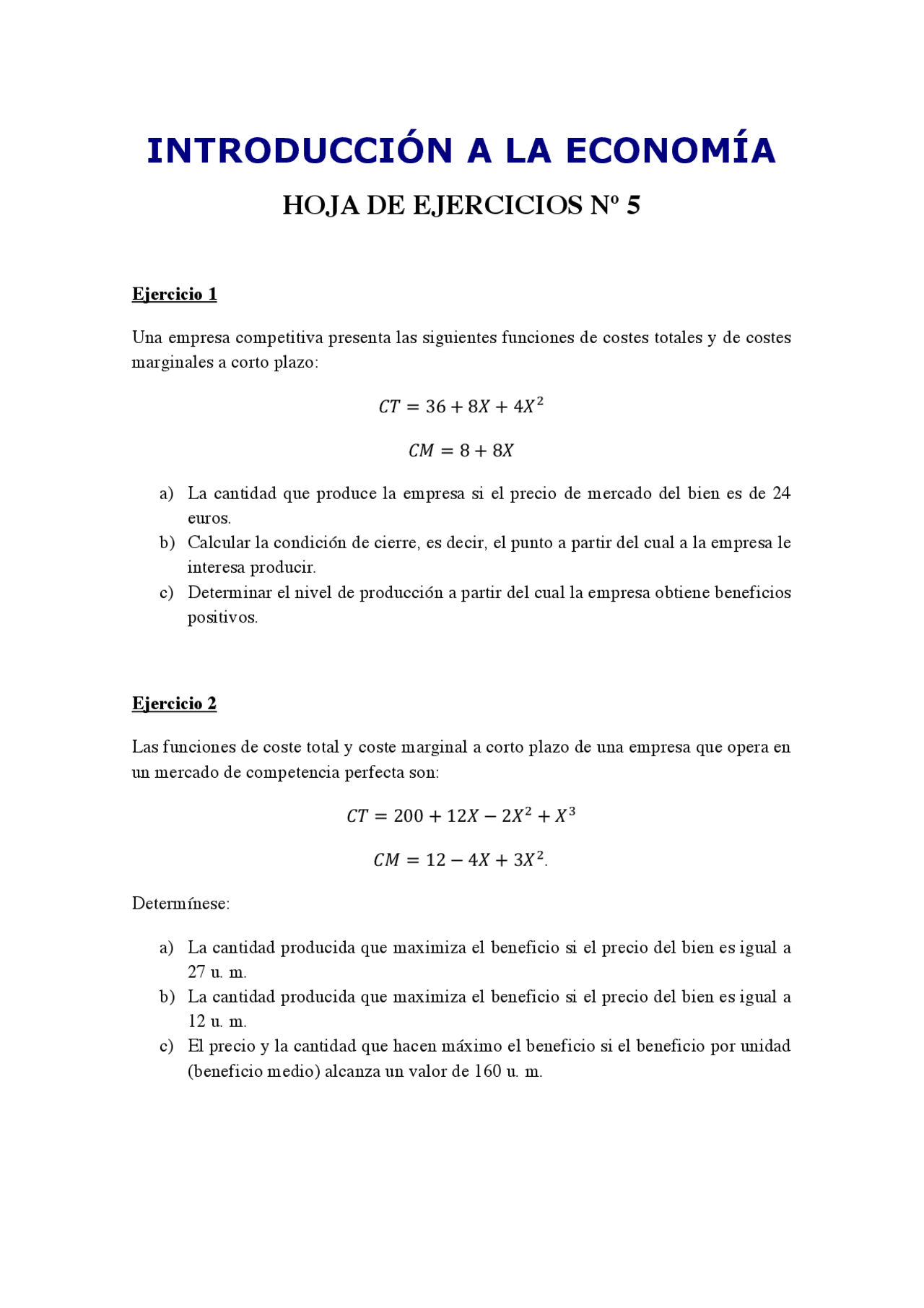 Ejercicios Introducción A La Economía Tema 5 Docsity