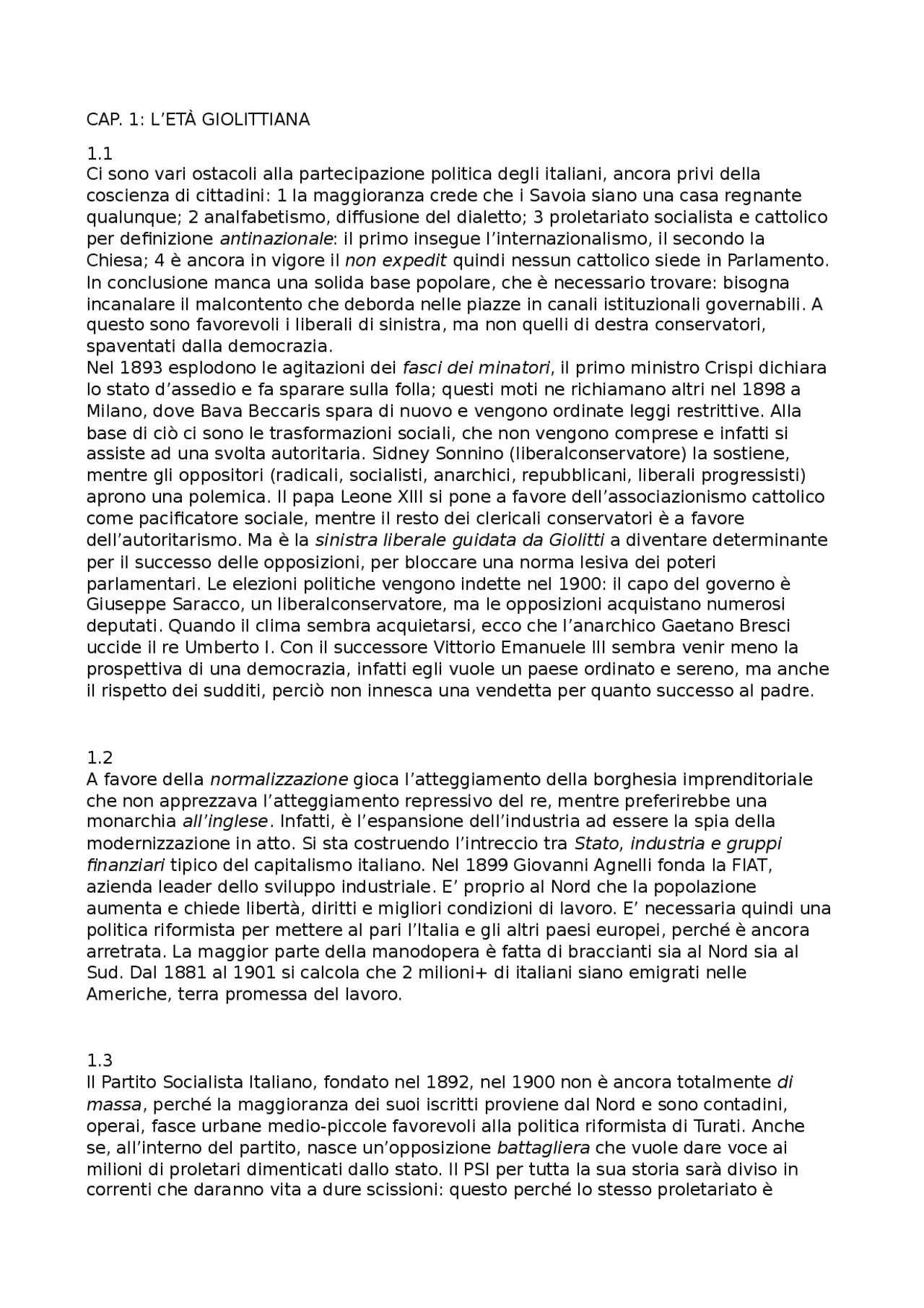 Storia del Novecento italiano - Docsity