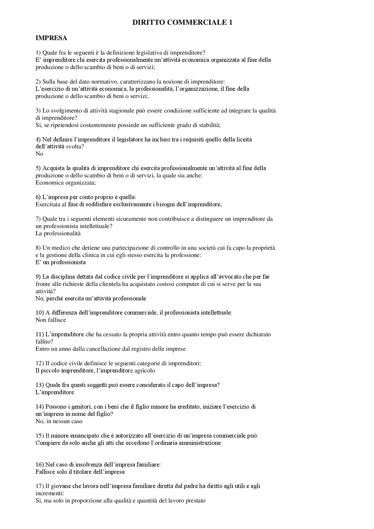 Domande E Risposte Diritto Commerciale Docsity