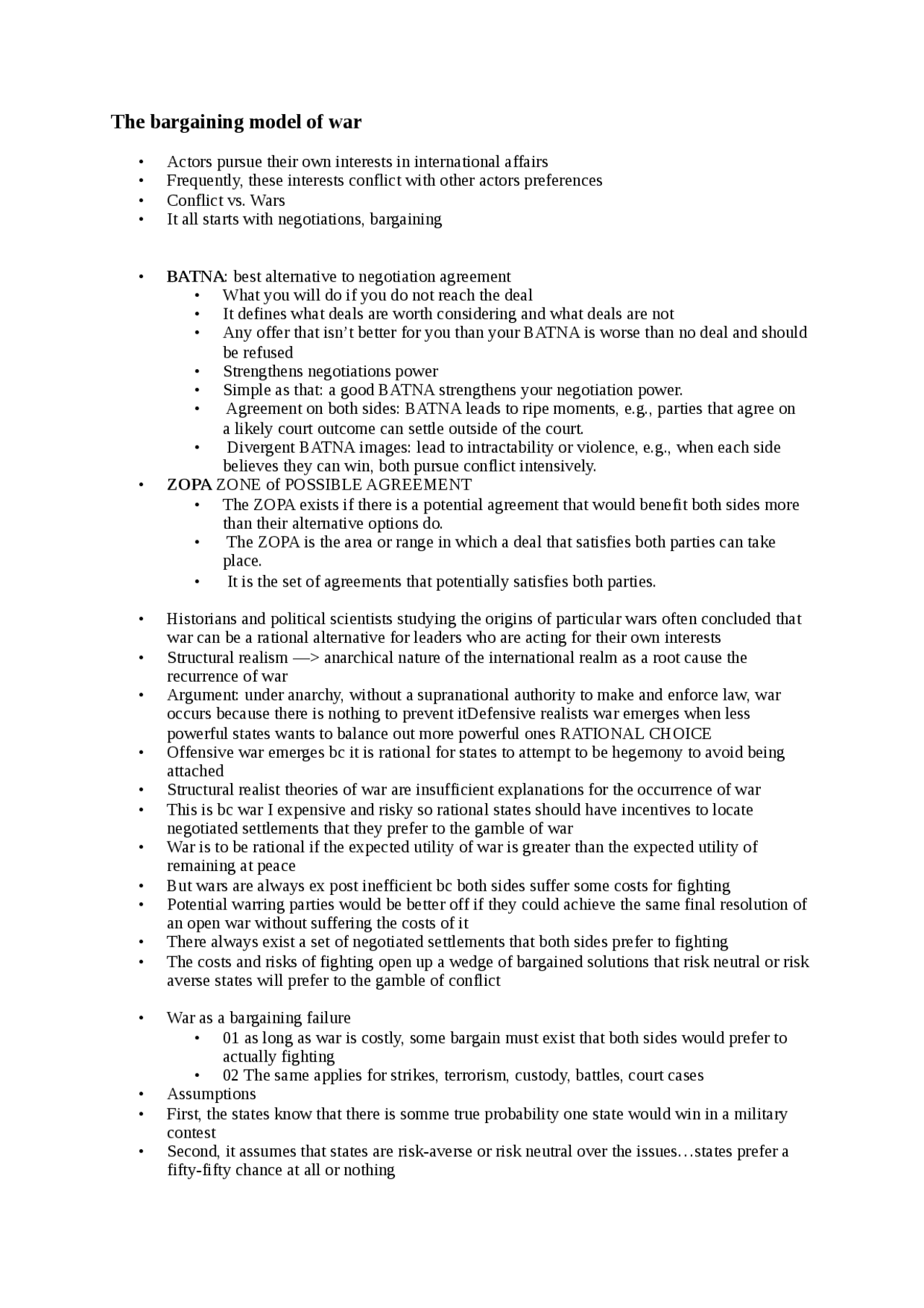 The bargaining model of war | Lecture notes International Relations ...