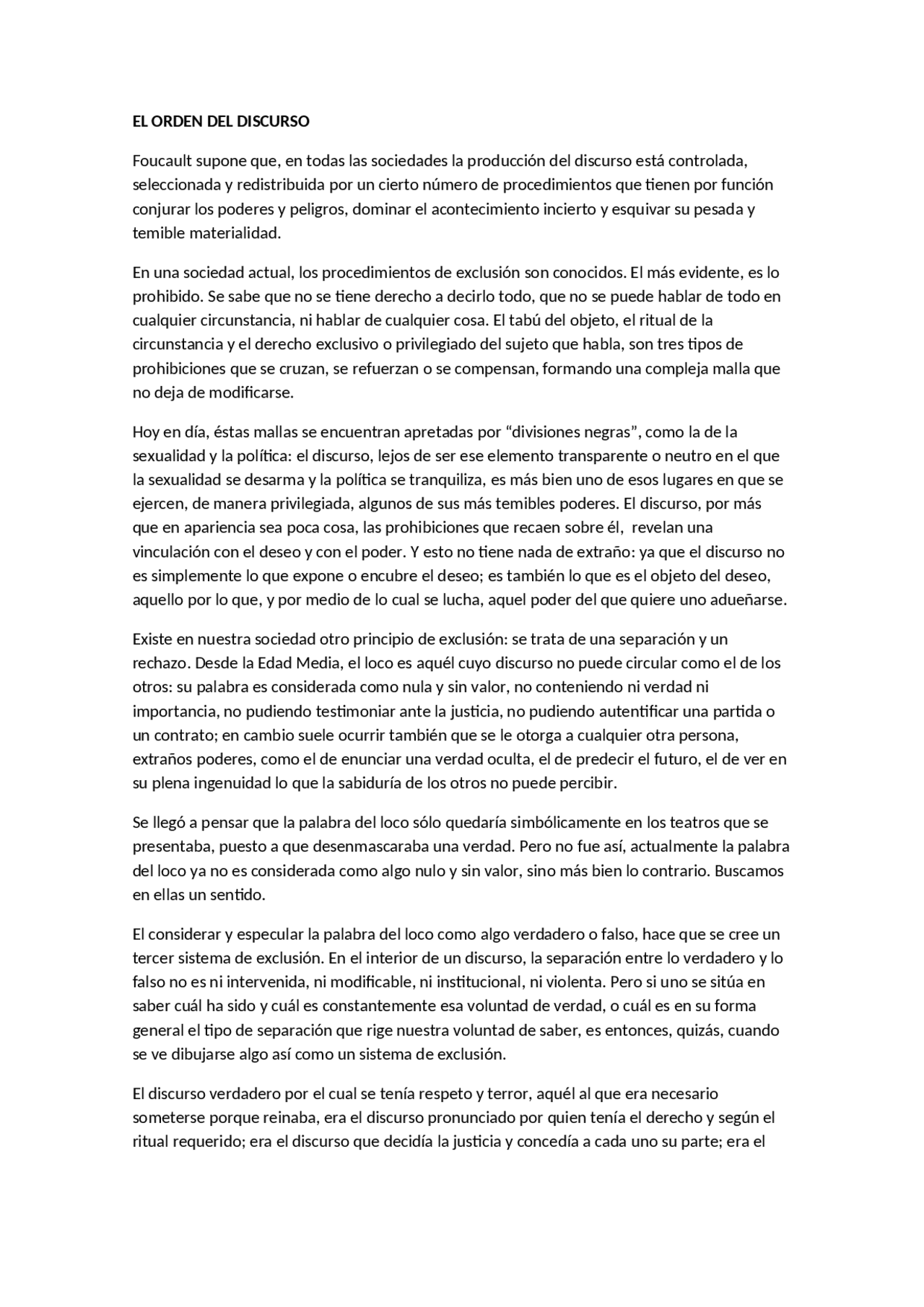 Orden Del Discurso Michel Foucault Docsity
