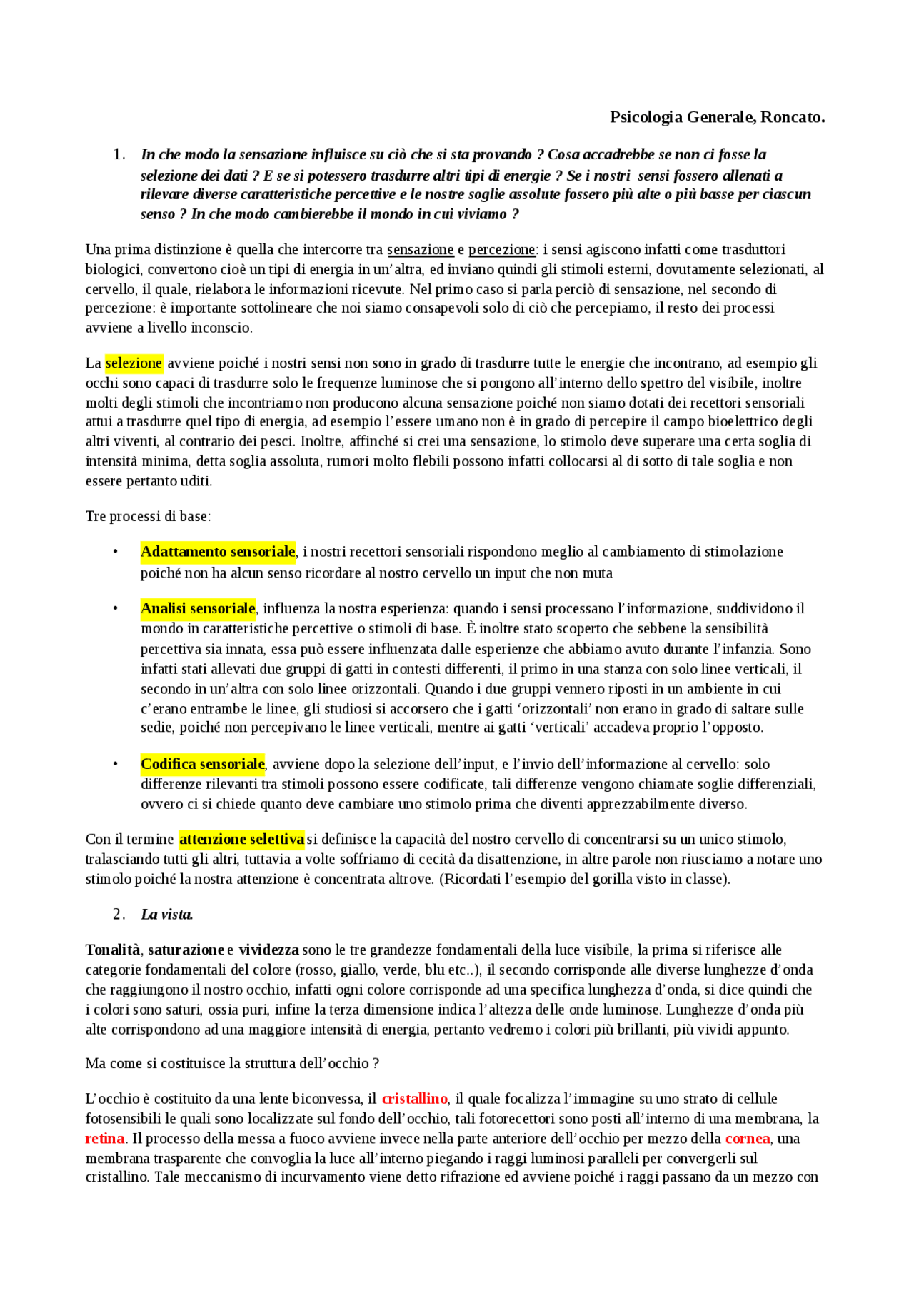 Psicologia Generale Roncatograssi Docsity