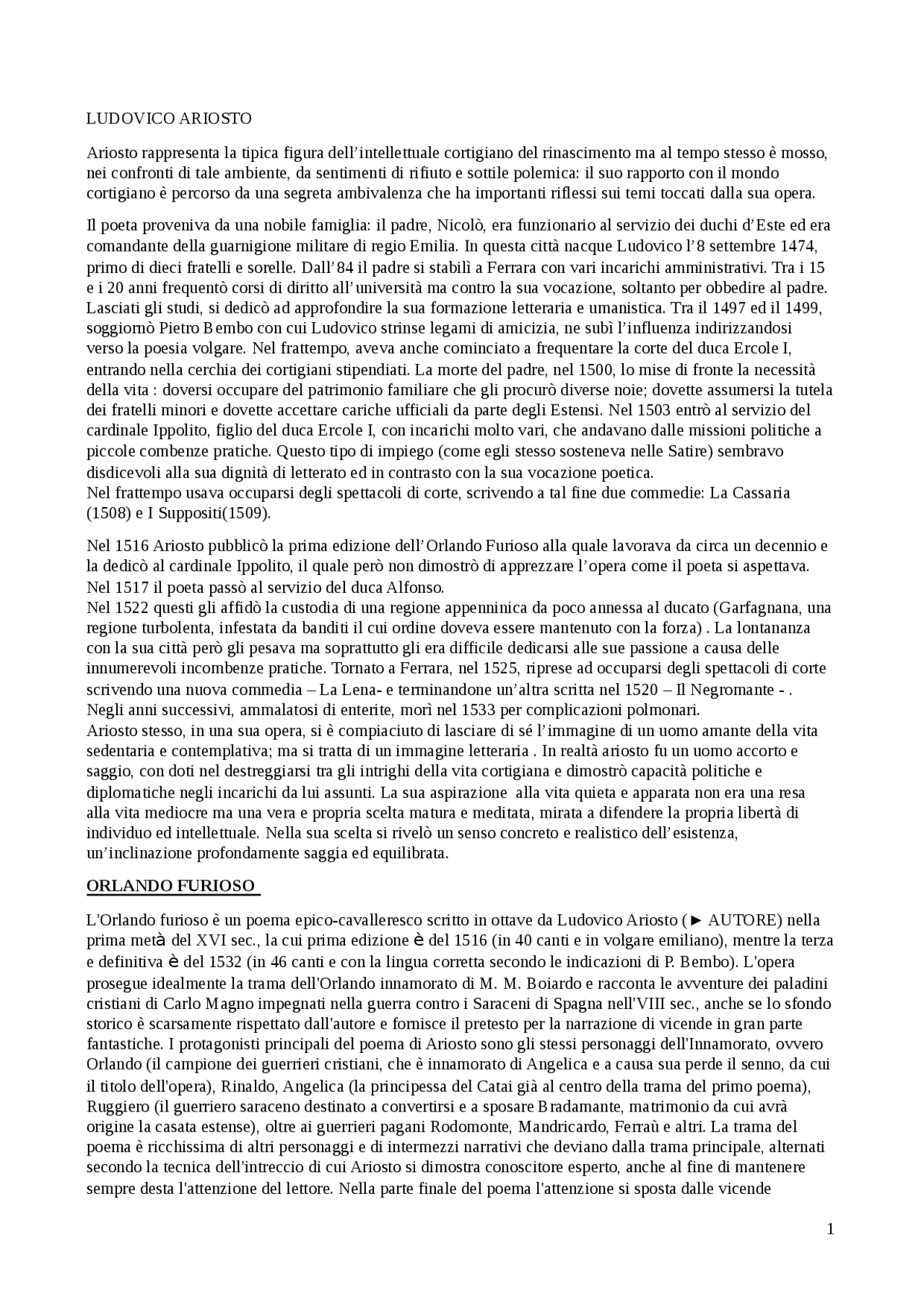 Ludovico Ariosto Appunti Docsity