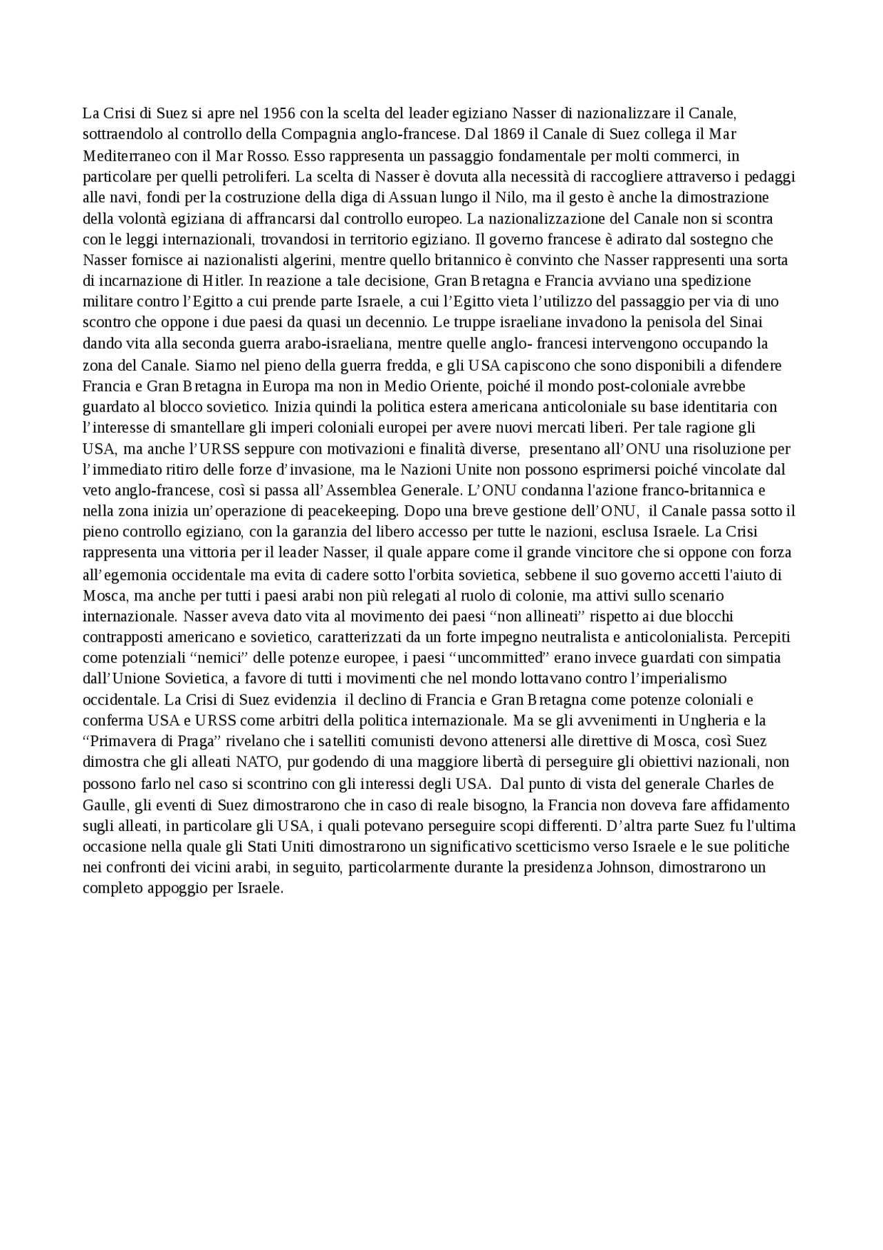 La Crisi di Suez breve resoconto - Docsity