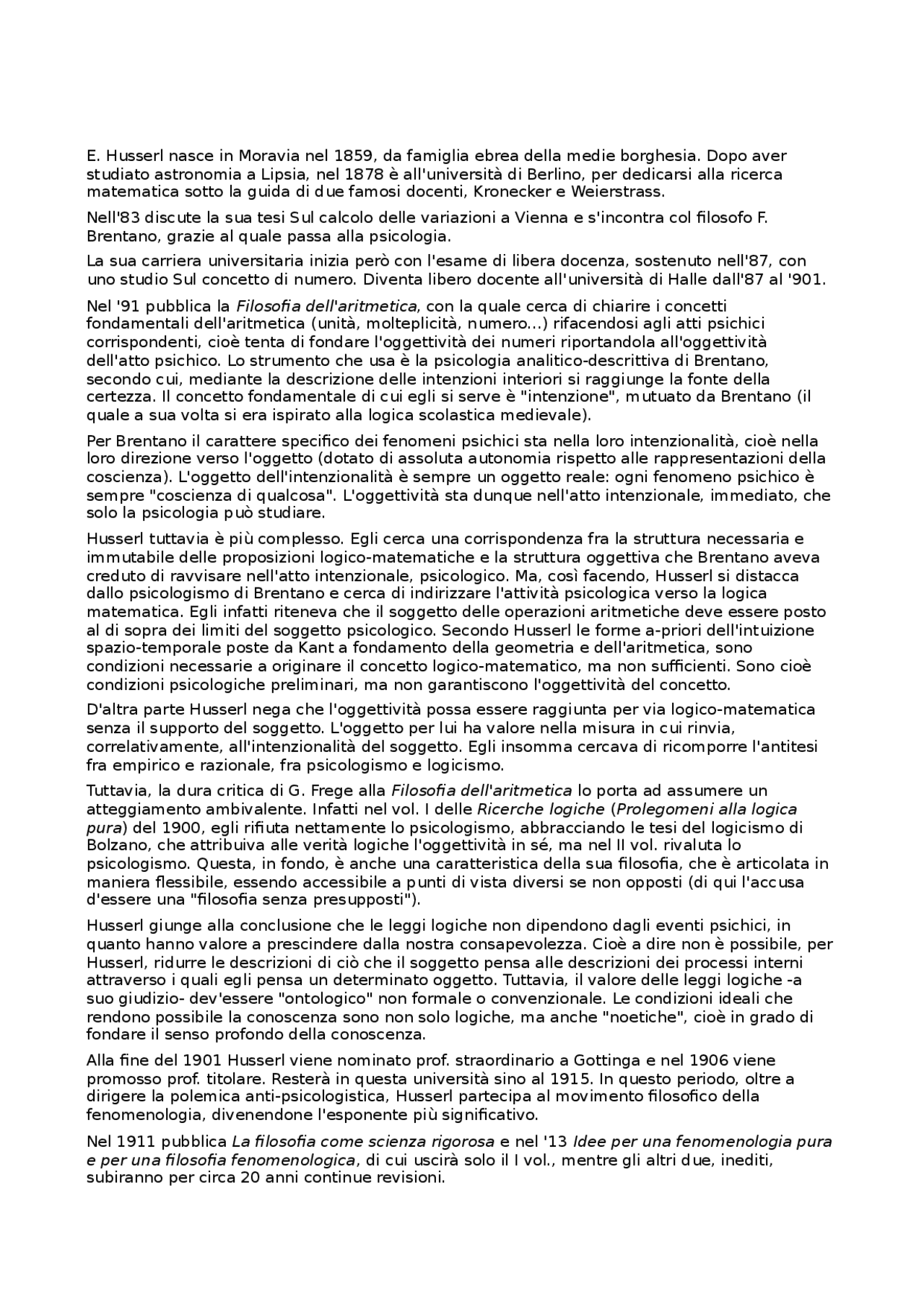 Husserl Vita E Pensiero Breve Docsity
