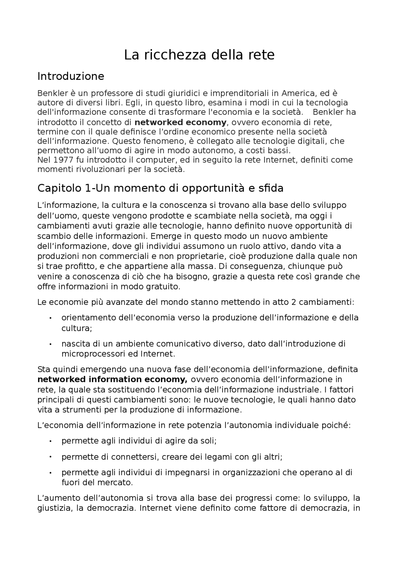 Riassunto La Ricchezza Della Rete Di Benkler Docsity