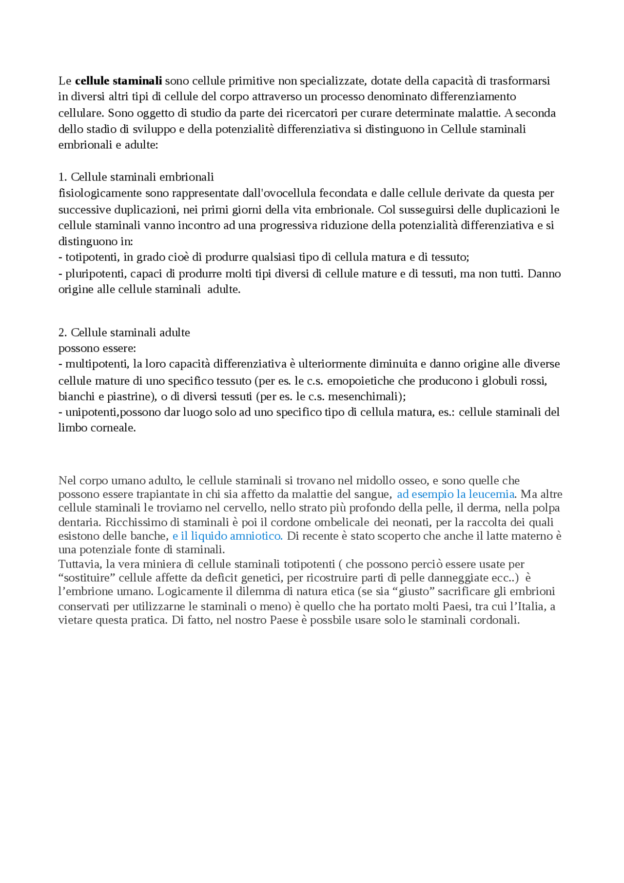 Riassunto Sulle Cellule Staminali Docsity