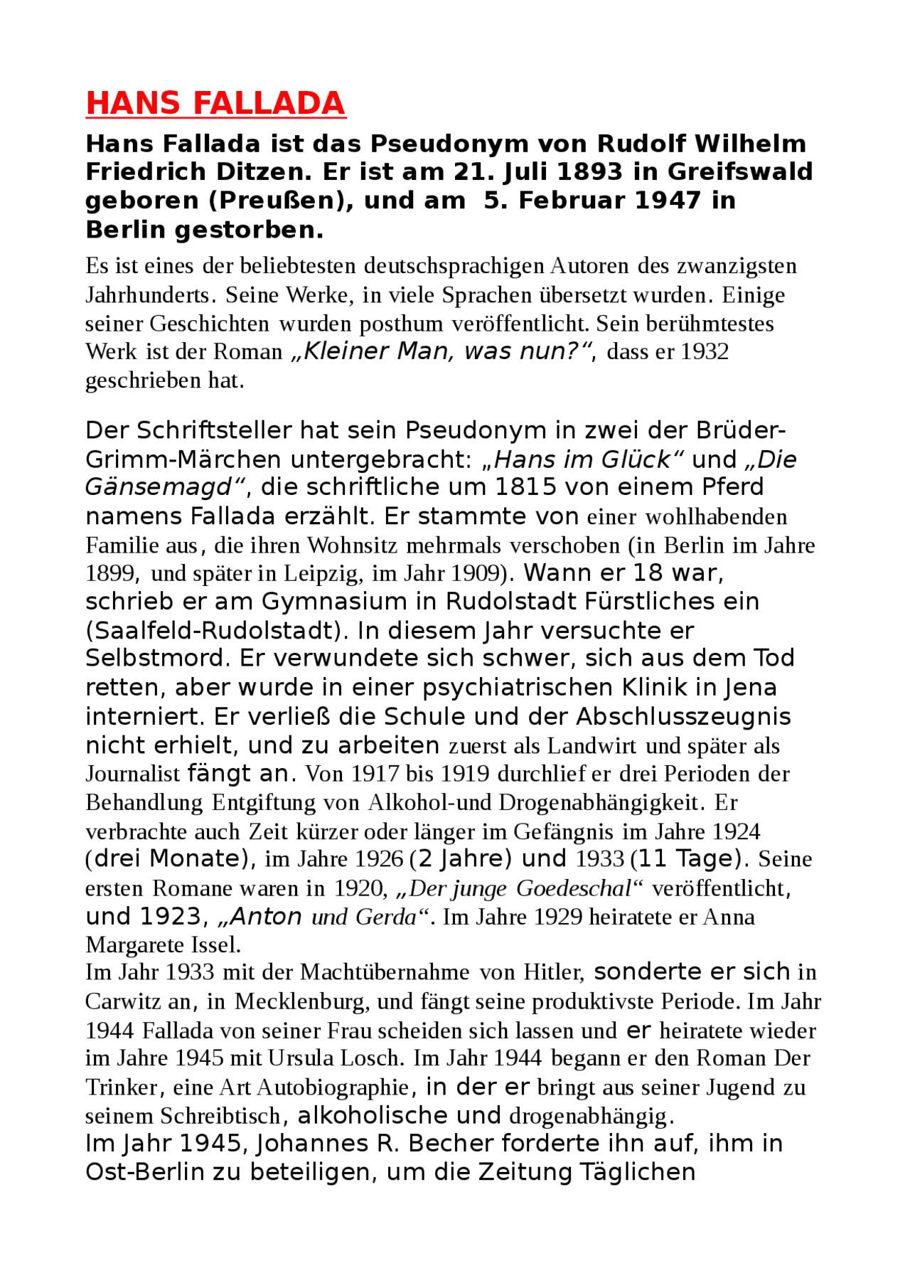 Author HANS FALLADA - Docsity