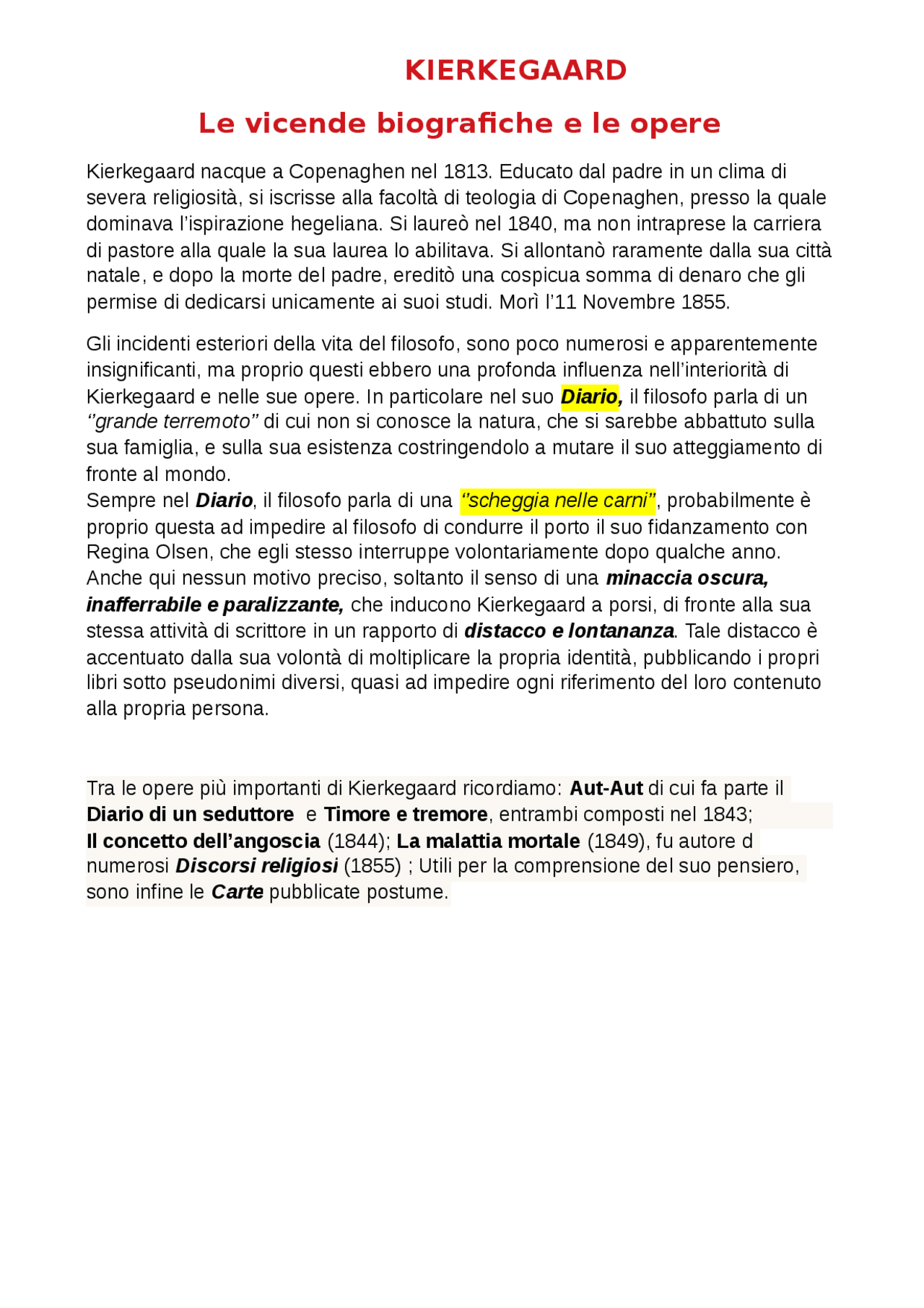 Kierkegaard Vita E Opere Docsity