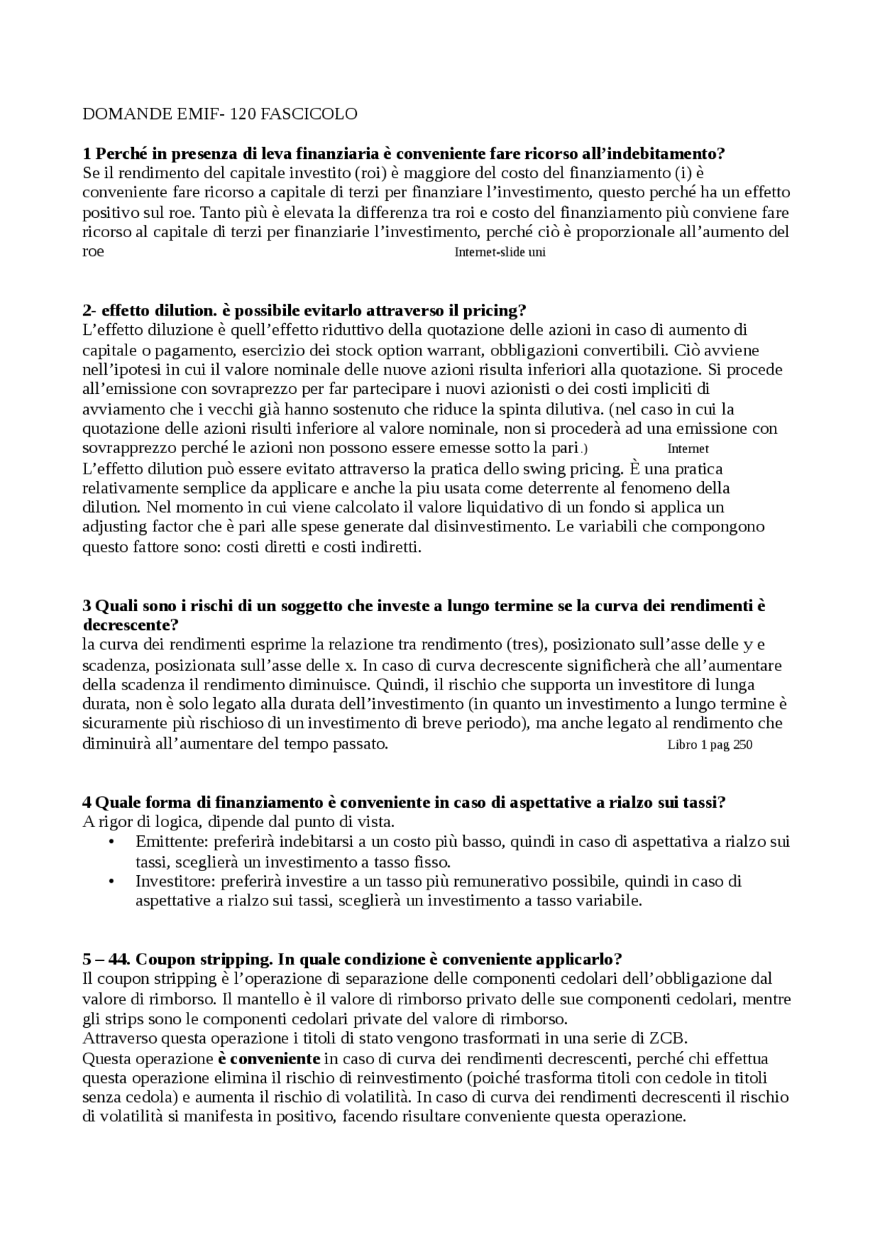 Domande E Risposte Di Economia Dei Mercati Finanziari Docsity