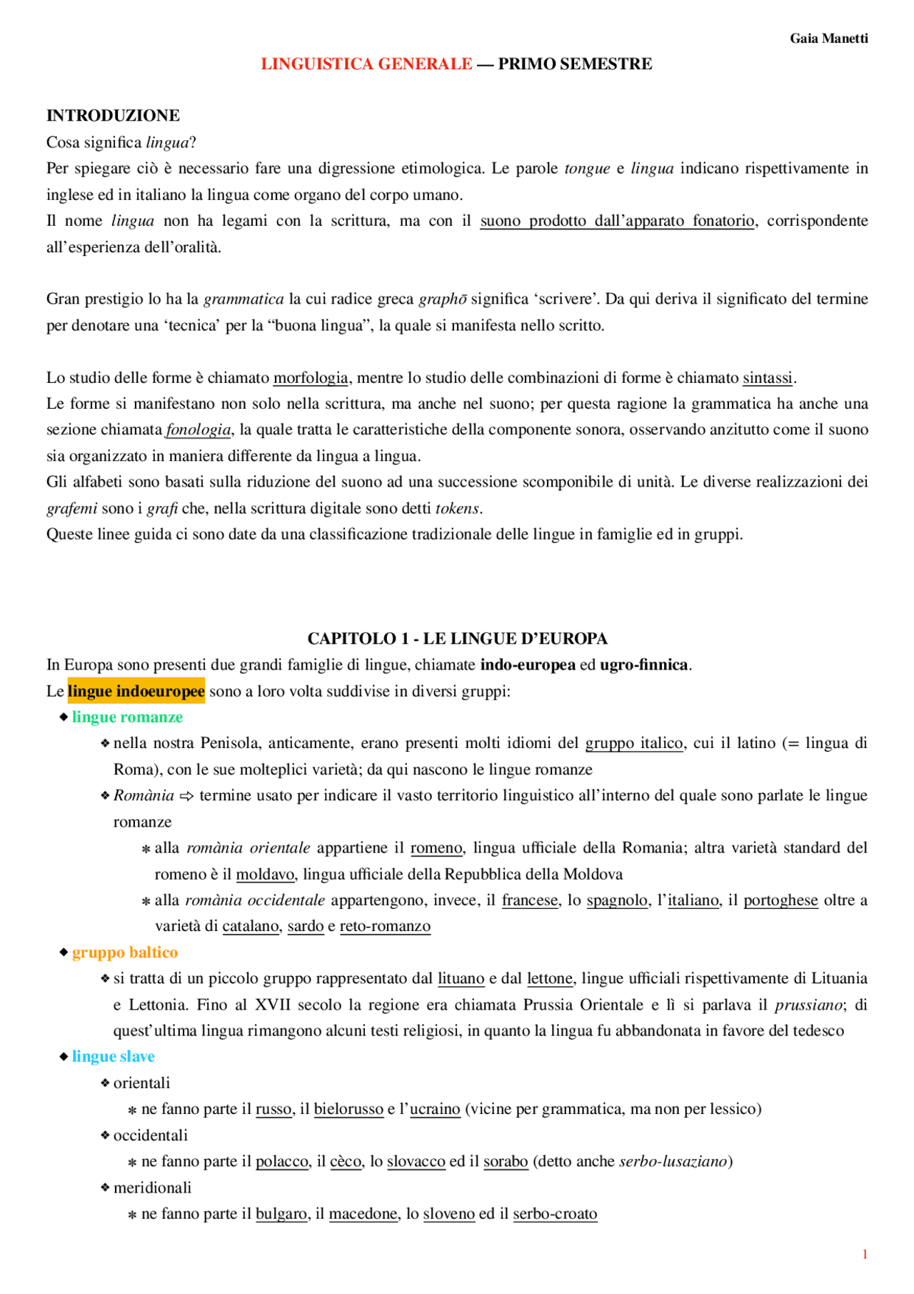 Linguistica Generale Primo Semestre Docsity