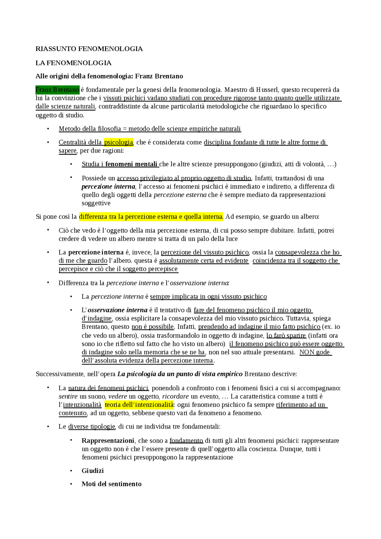 La Fenomenologia Brentano E Husserl Docsity