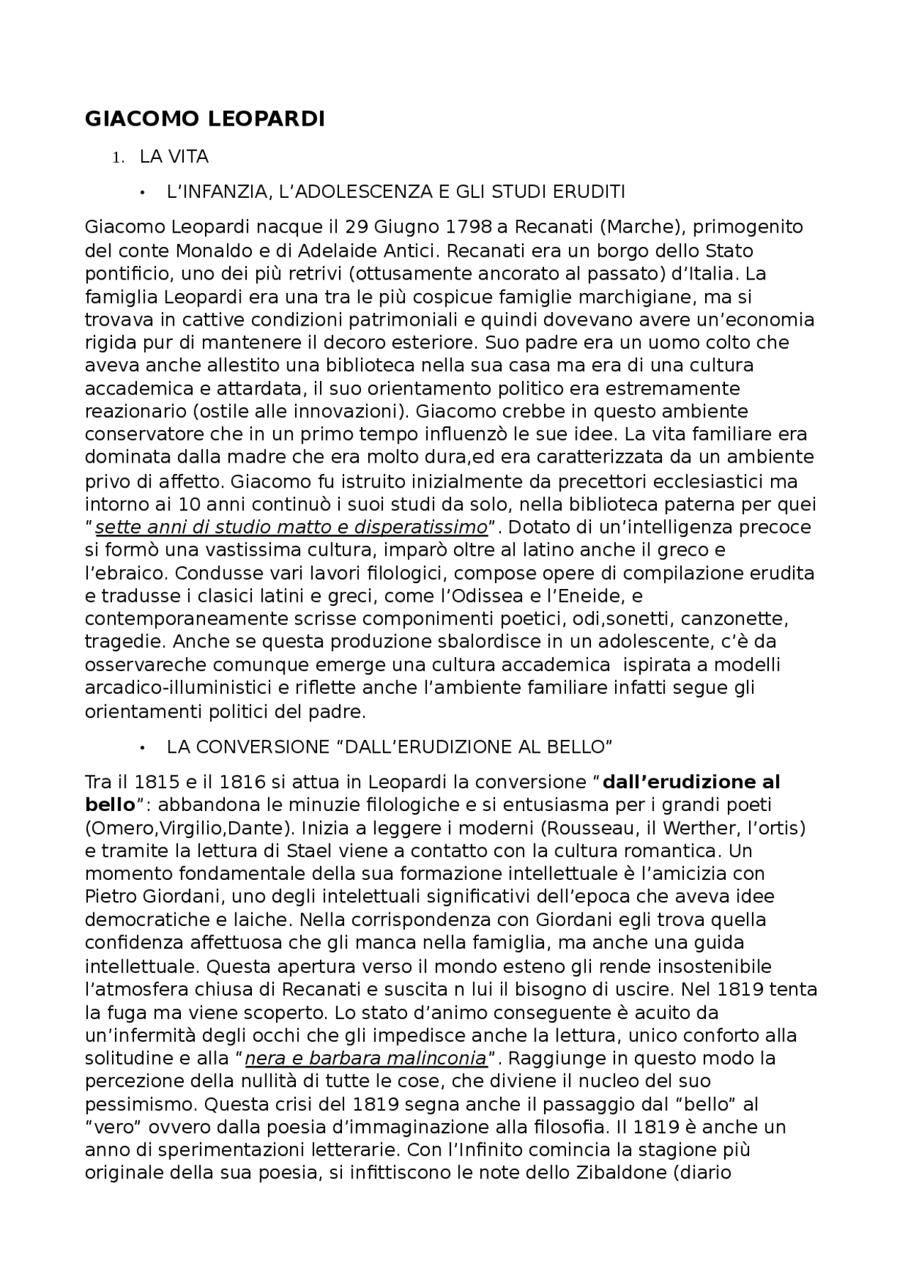 Giacomo Leopardi Sintesi Docsity