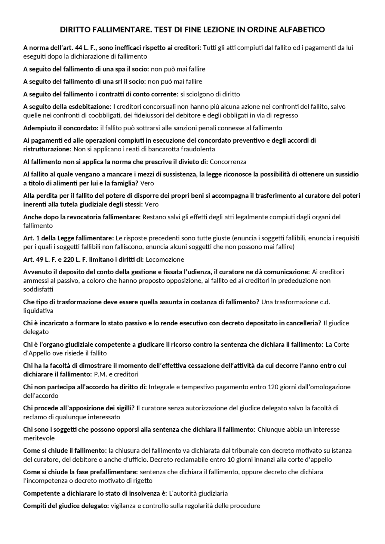 Test Diritto Fallimentare Docsity