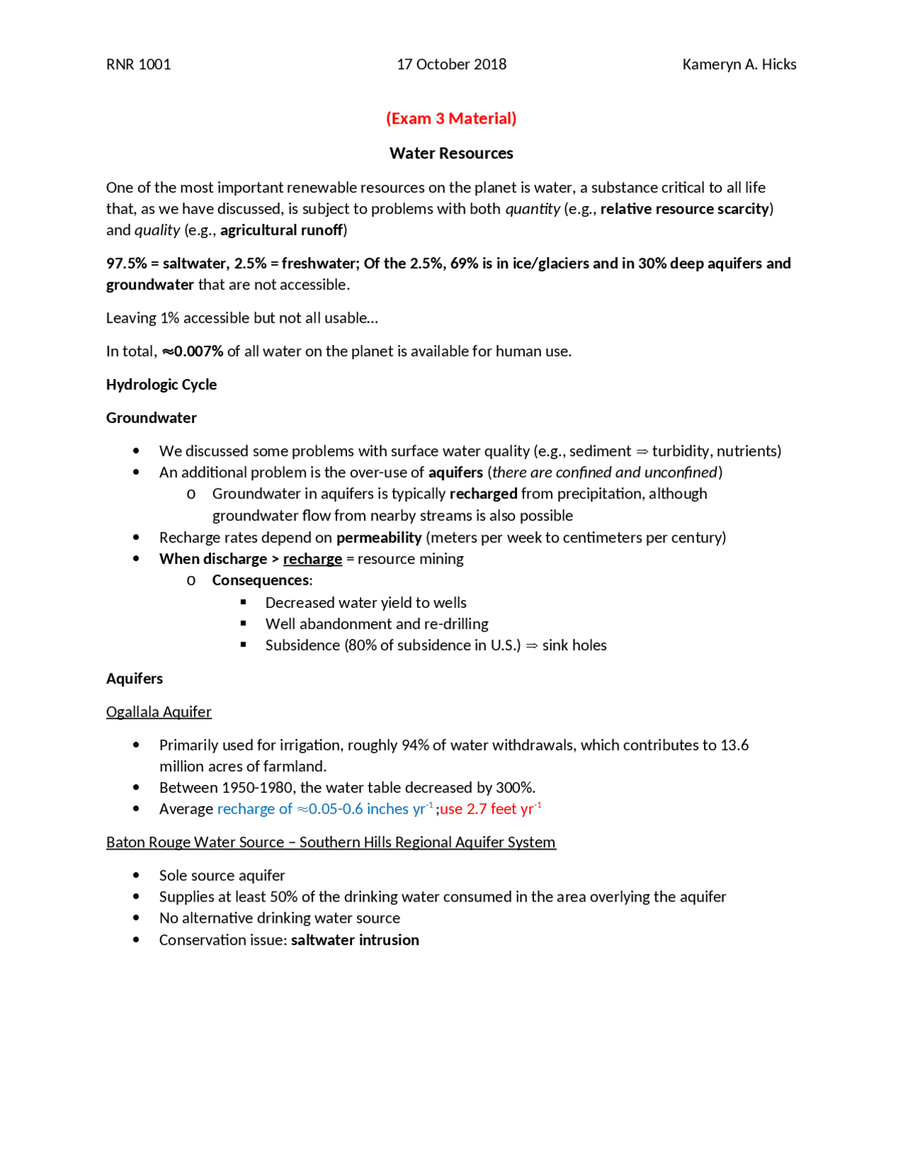 Lecture Notes On Water And Water Conservation Rnr 1001 Docsity