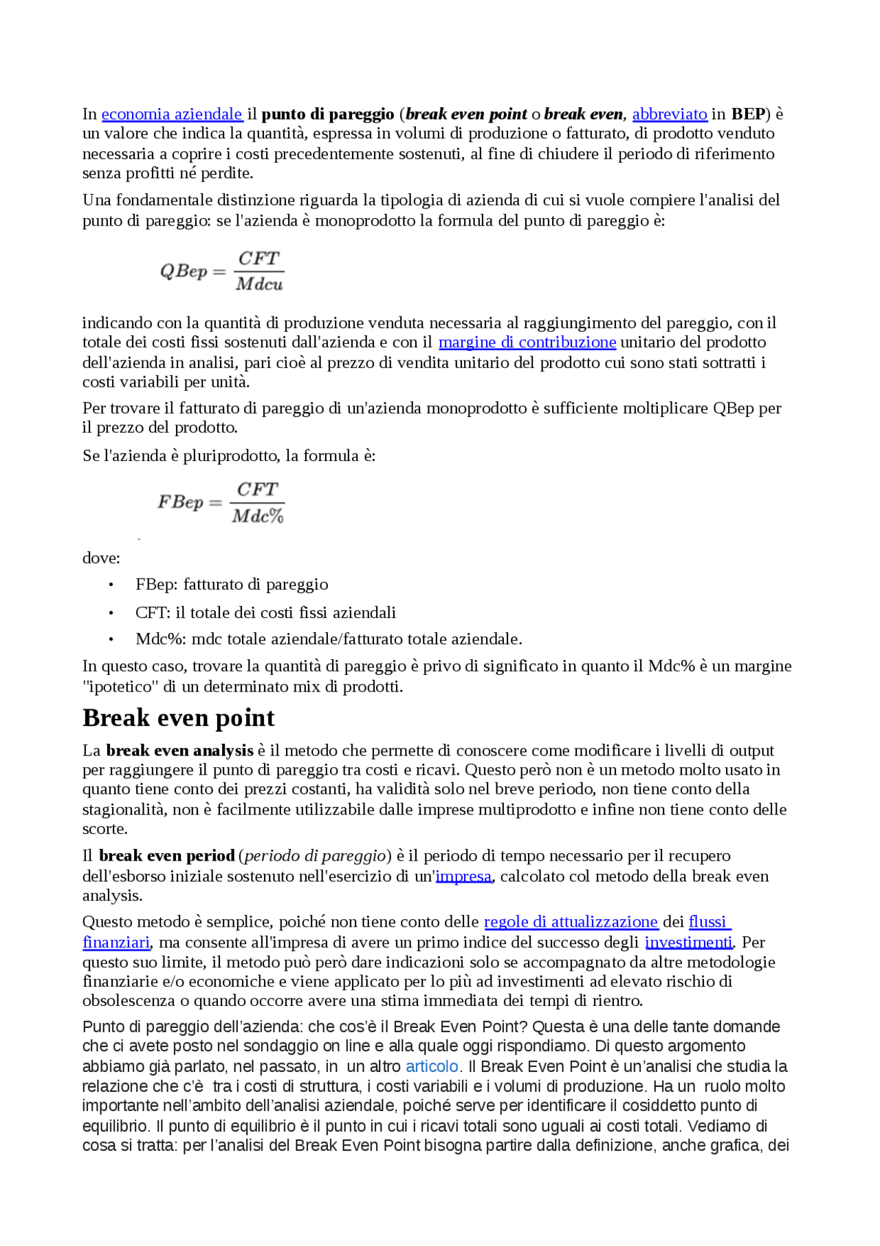 Break Even Point Punto Di Pareggio Della Break Even Analysis Docsity