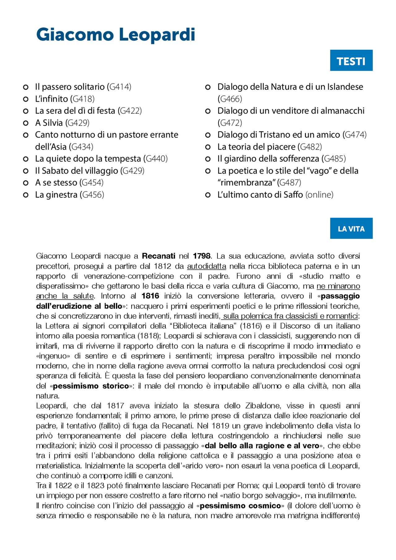 Leopardi Vita Opere Analisi Docsity