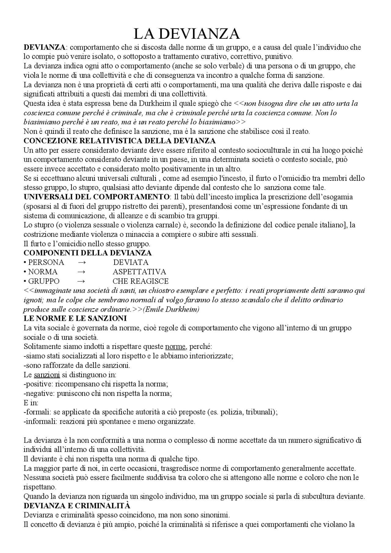 La Devianza Sociologia Docsity