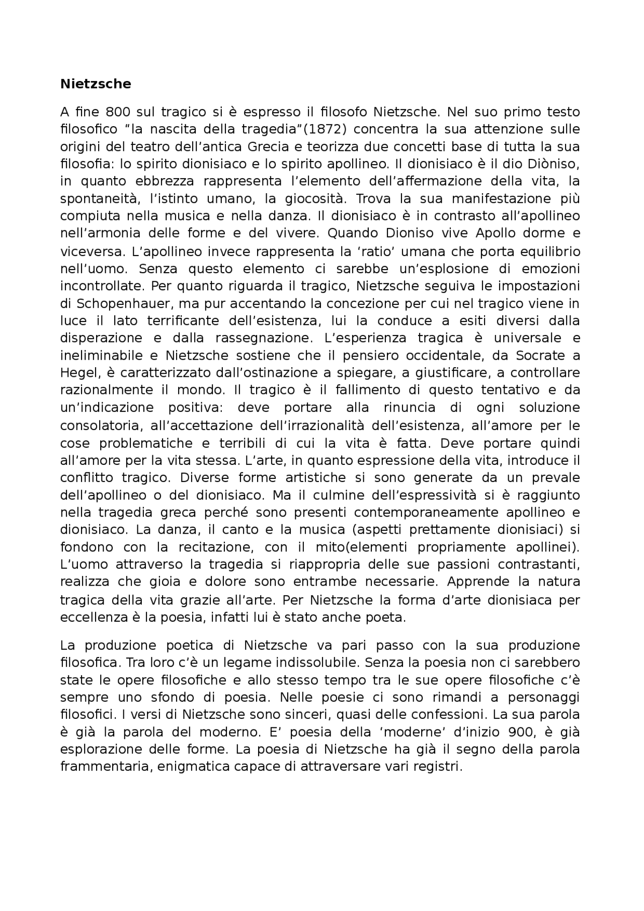 Nietzsche e il suo pensiero - Docsity