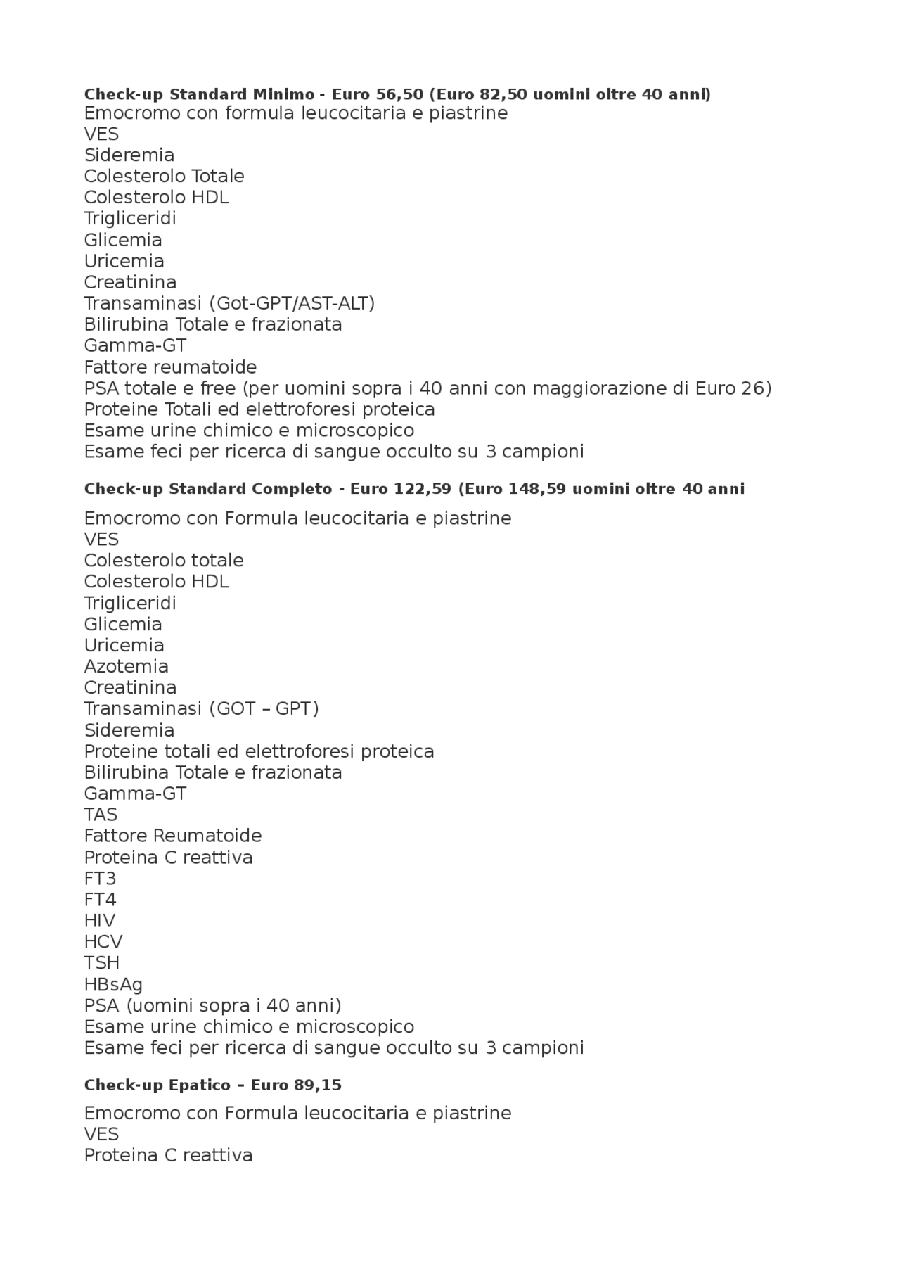 Check-up (con prezzi indicativi) - Docsity