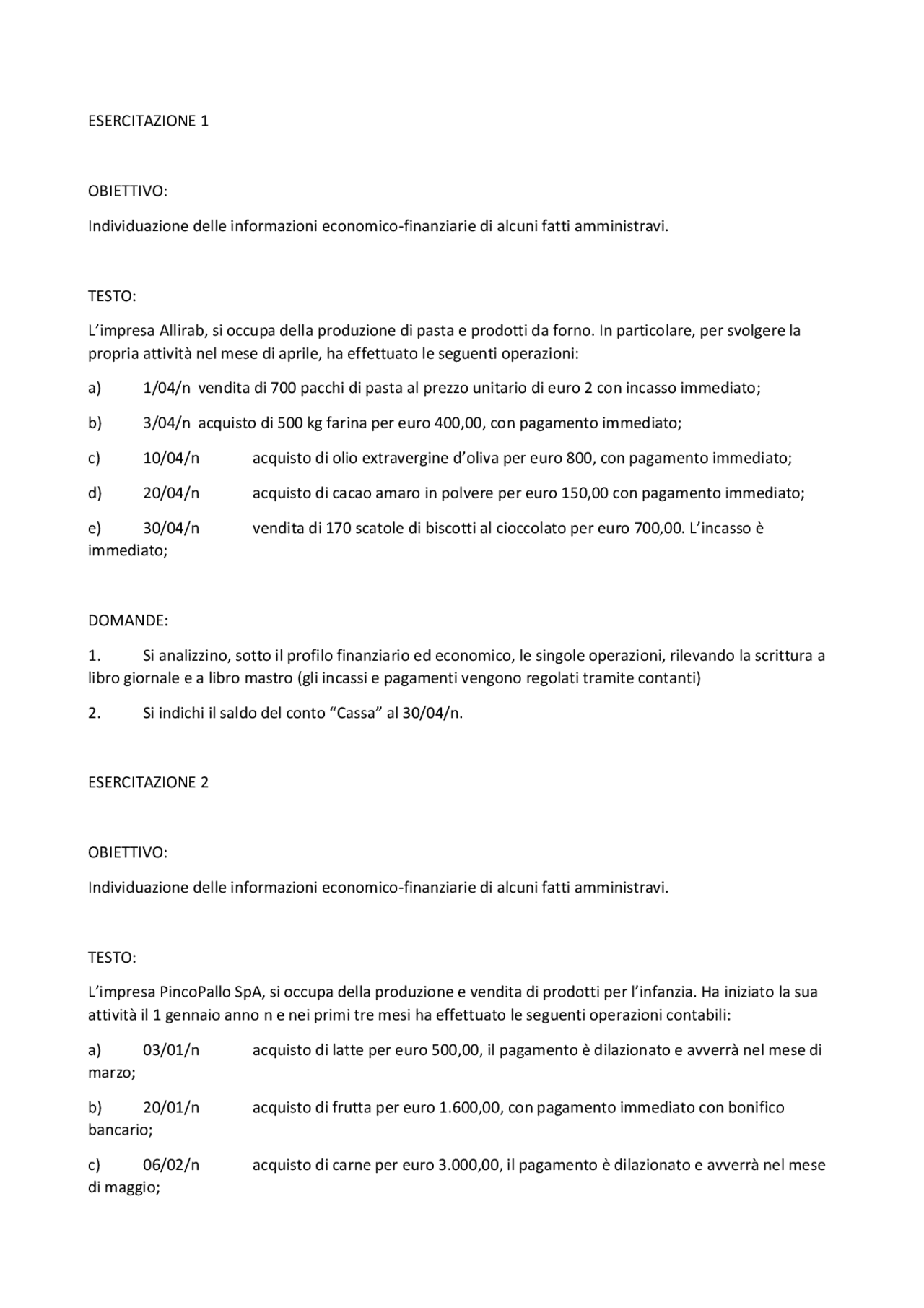 Esercizi Di Ragioneria Docsity