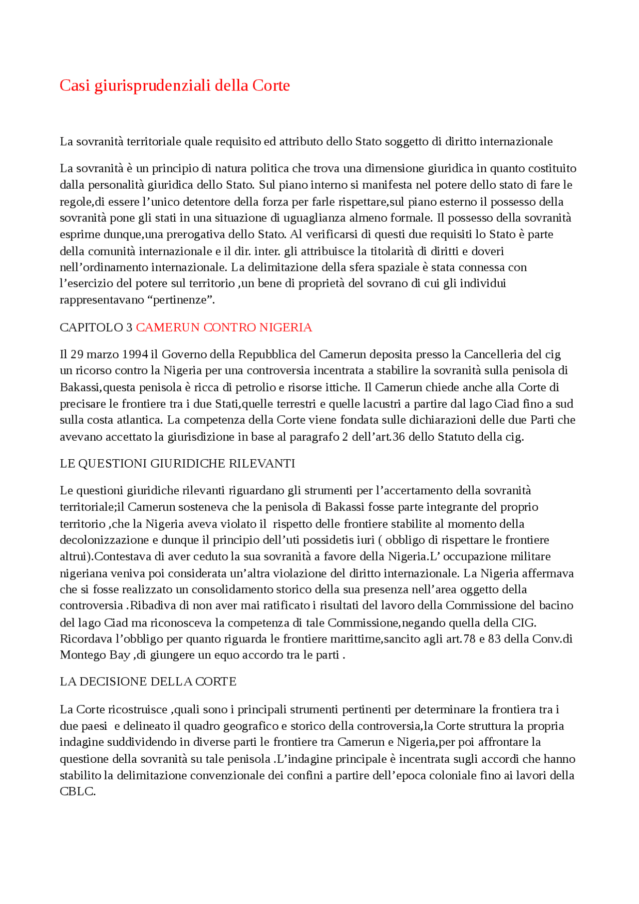 Casi Giurisprudenziali Della Corte Internazionale Di Giustizia Docsity