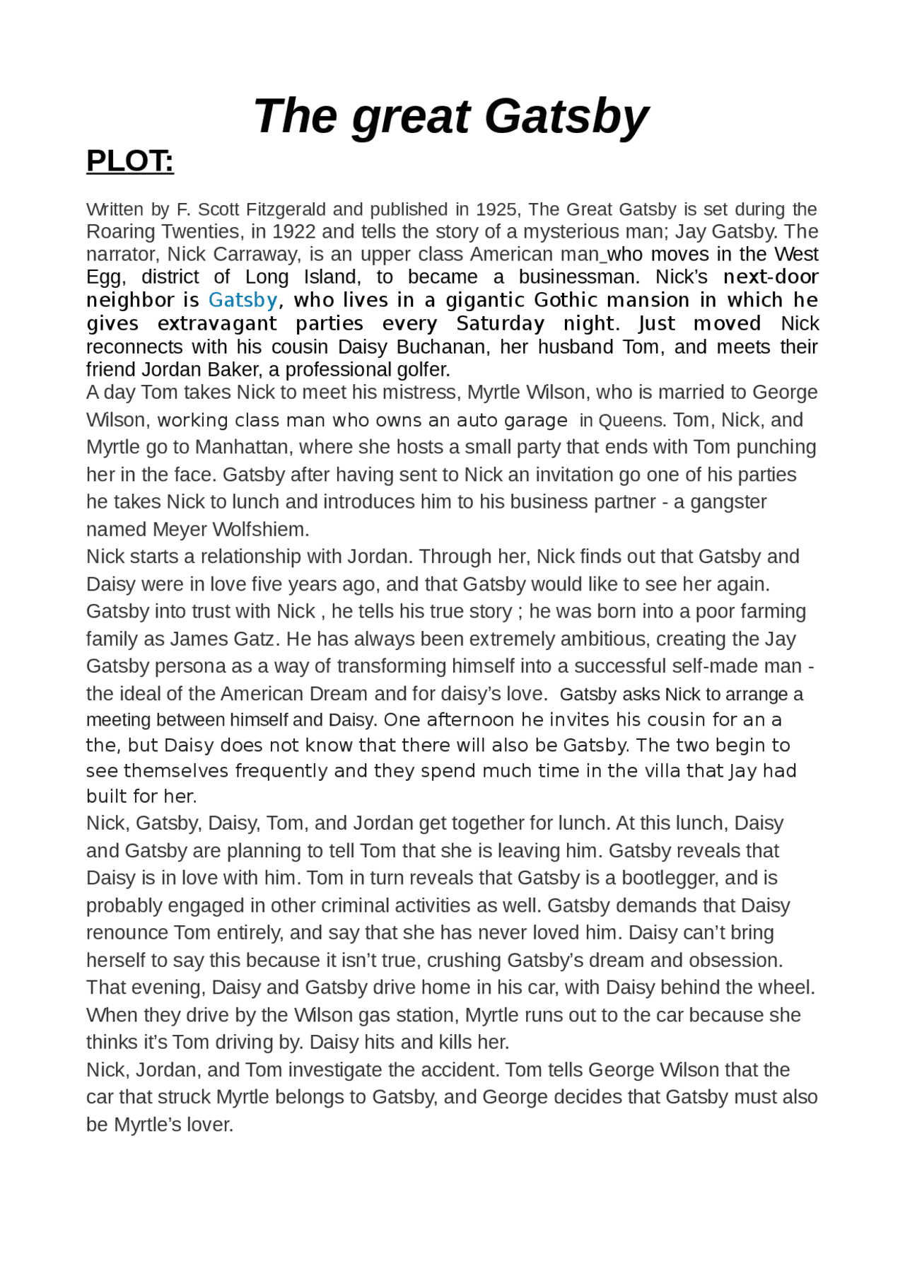 Great Gatsby Plot Fitzgerald Résumés De Anglais Docsity