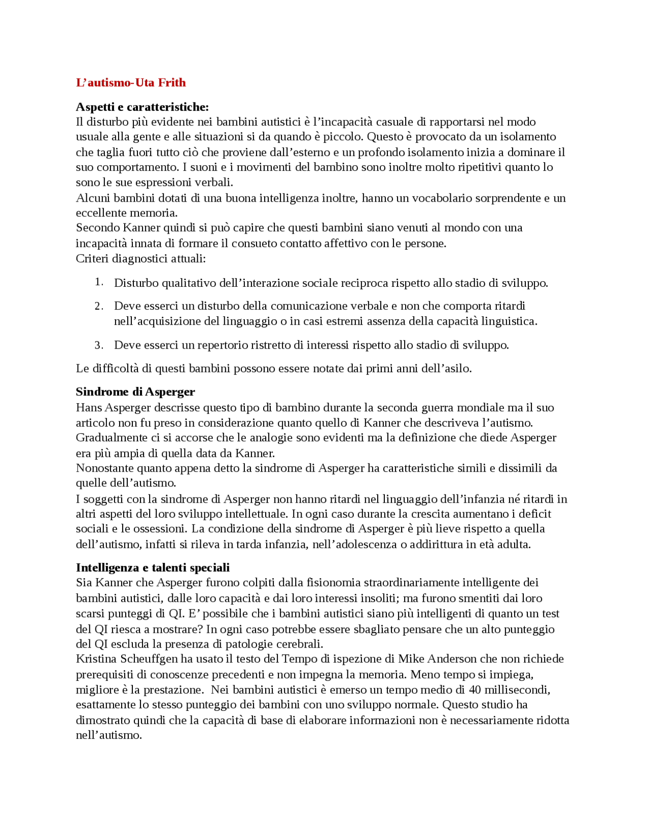 Lautismo Riassunto Libro Uta Frith Docsity