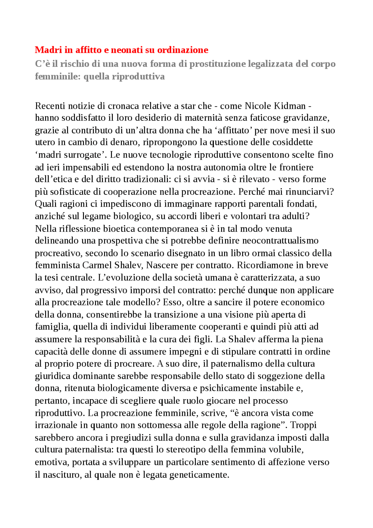 Maternità Suttogata Secondo Shalev Docsity