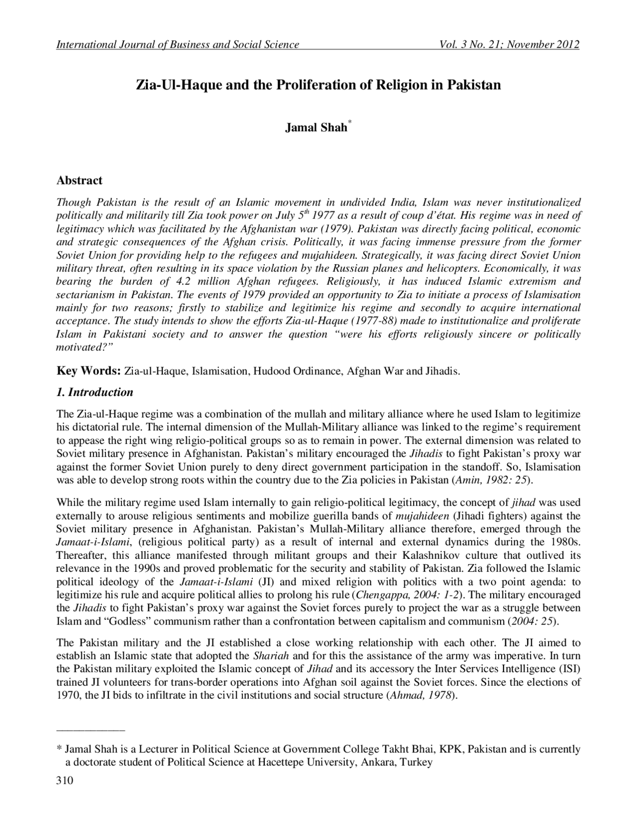 Zia-ul-Haq and proliferation of religion - Docsity