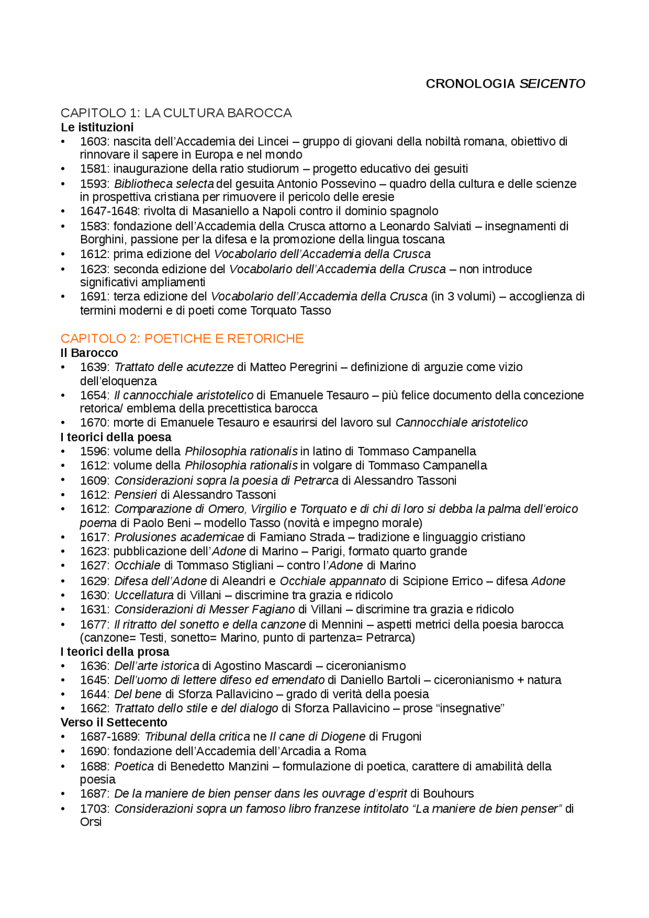 Schema Con Date Del Volume Il Seicento Ardissino Docsity