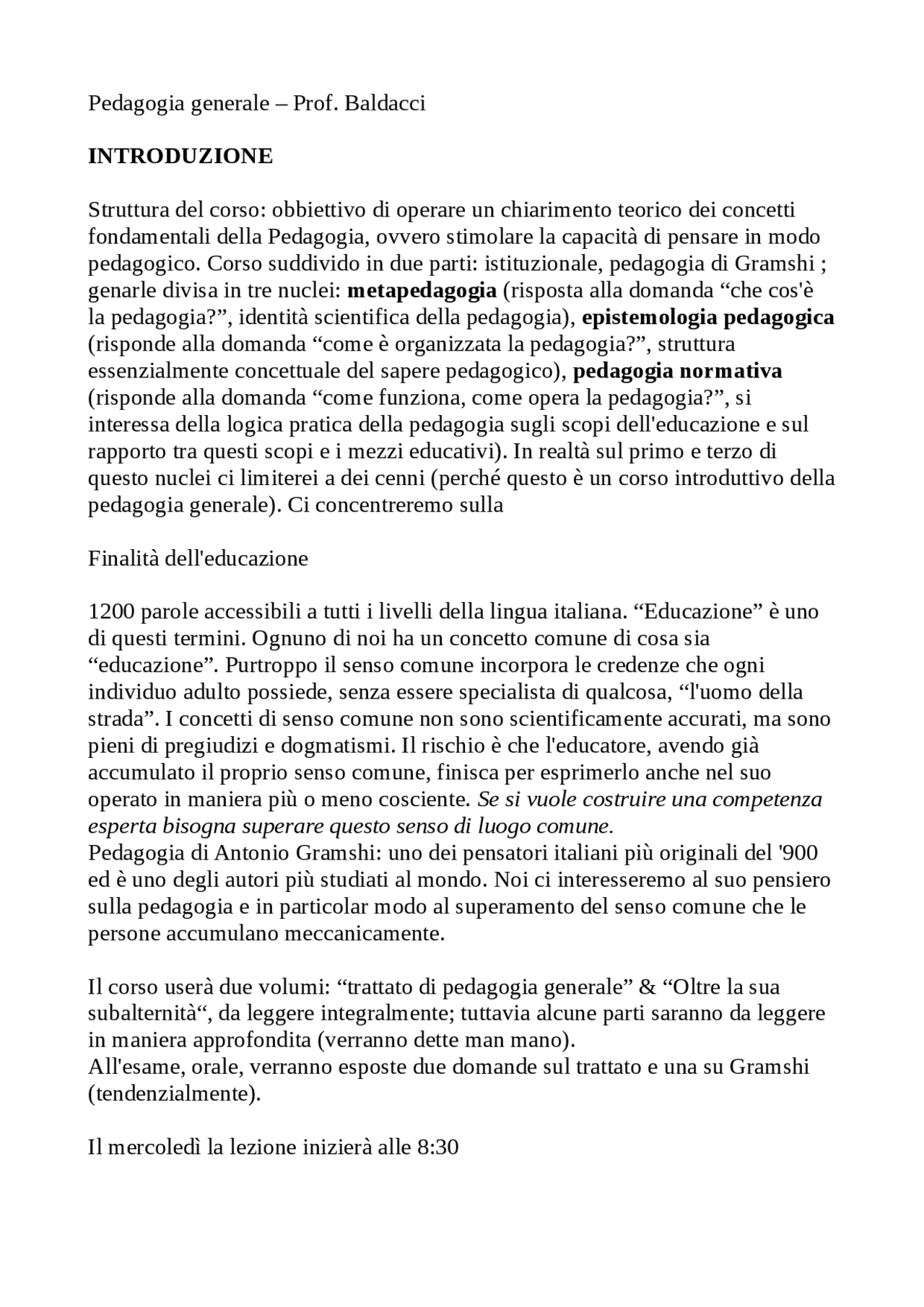 Pedagogia Generale Baldacci Docsity