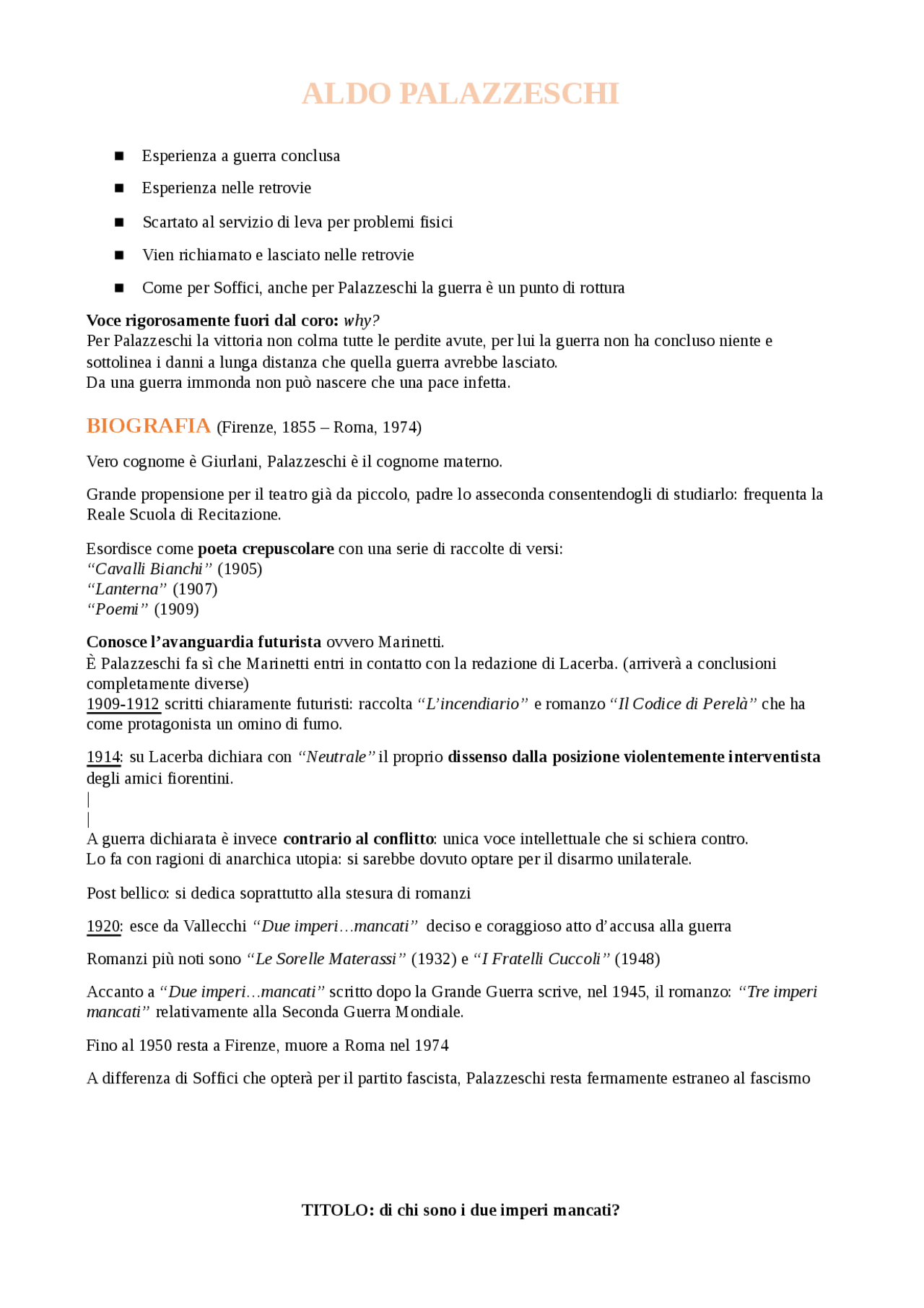 Palazzeschi Biografia E Opere Principali Docsity