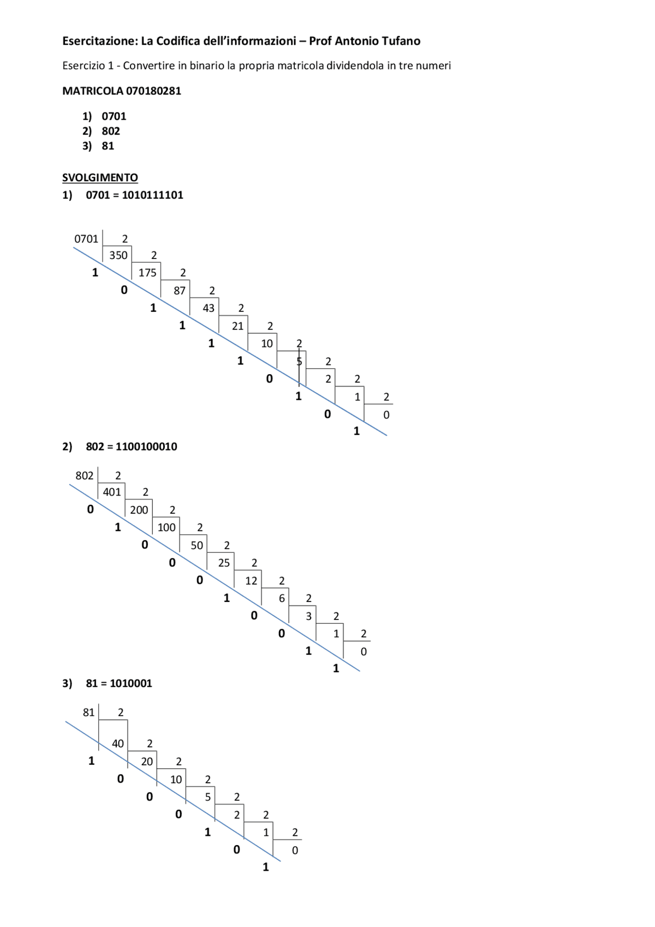 Esercitazione sul Codice Binario: Convertire Matricola in Binary e ...