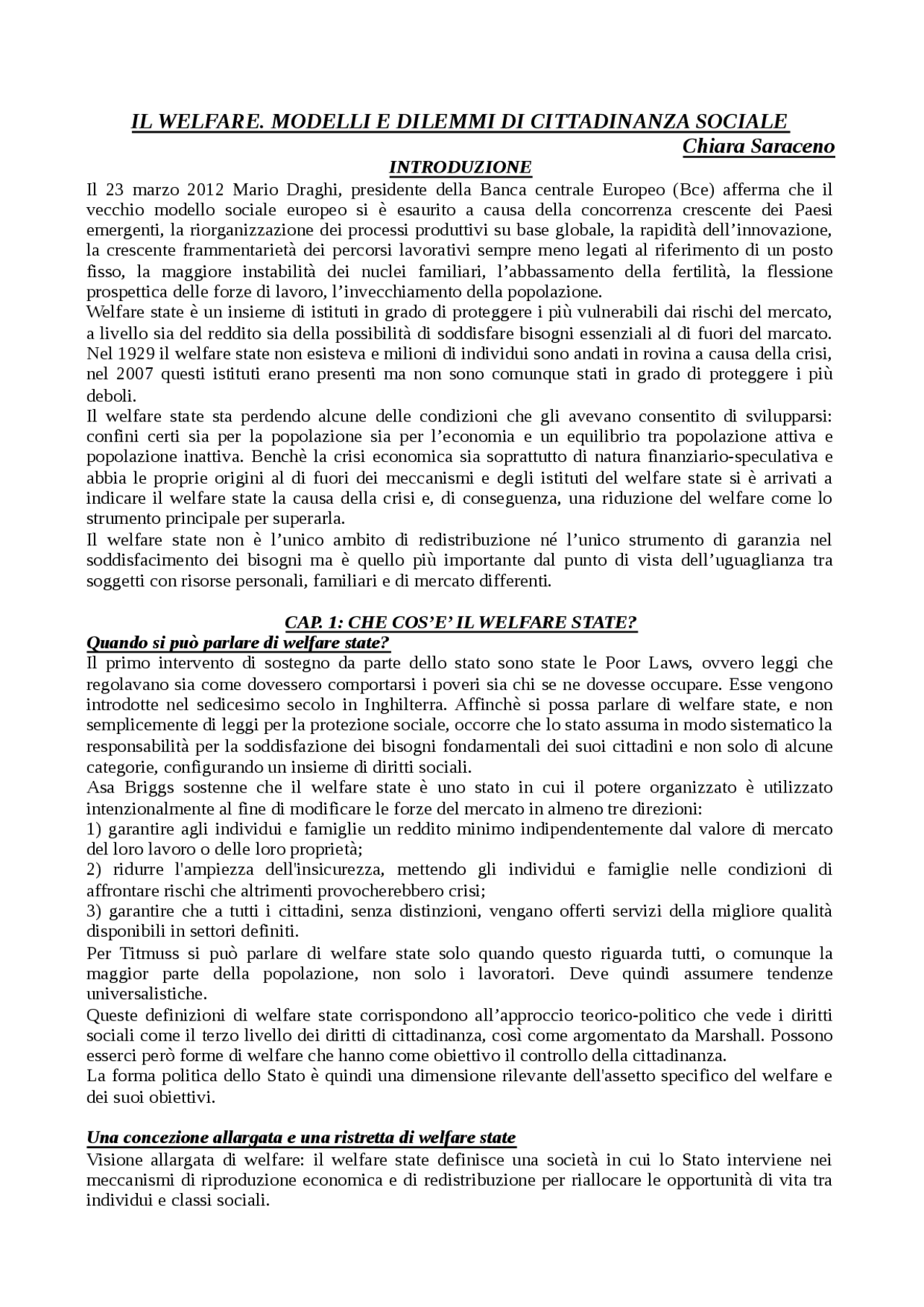 Il Welfare Modelli E Dilemmi Di Cittadinanza Sociale Docsity