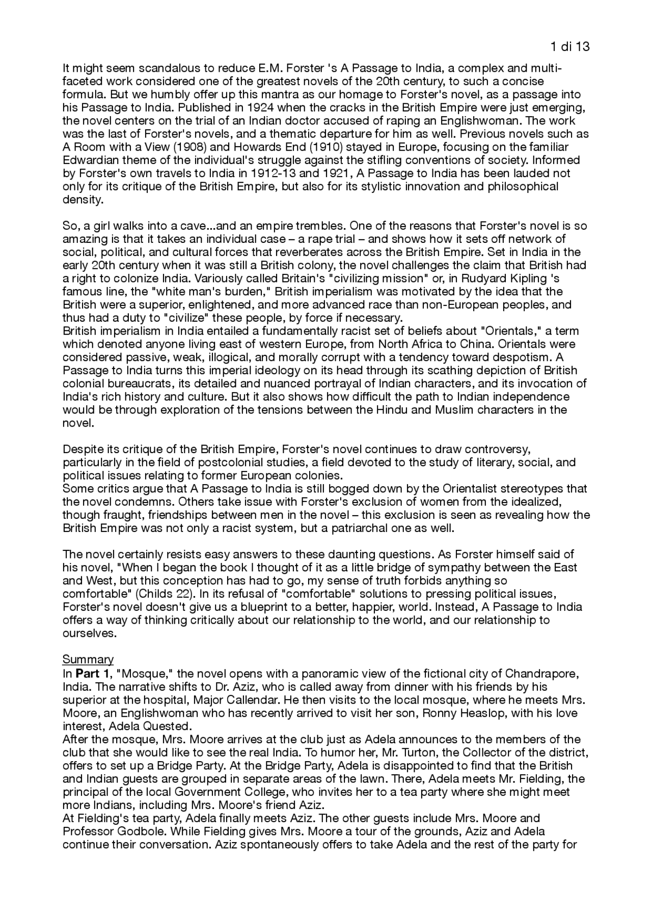 Summary And Analysis Passage To India Docsity