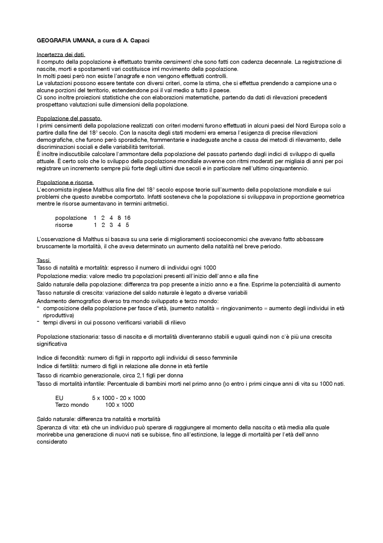 Schema Riassuntivo Geografia Umana Docsity