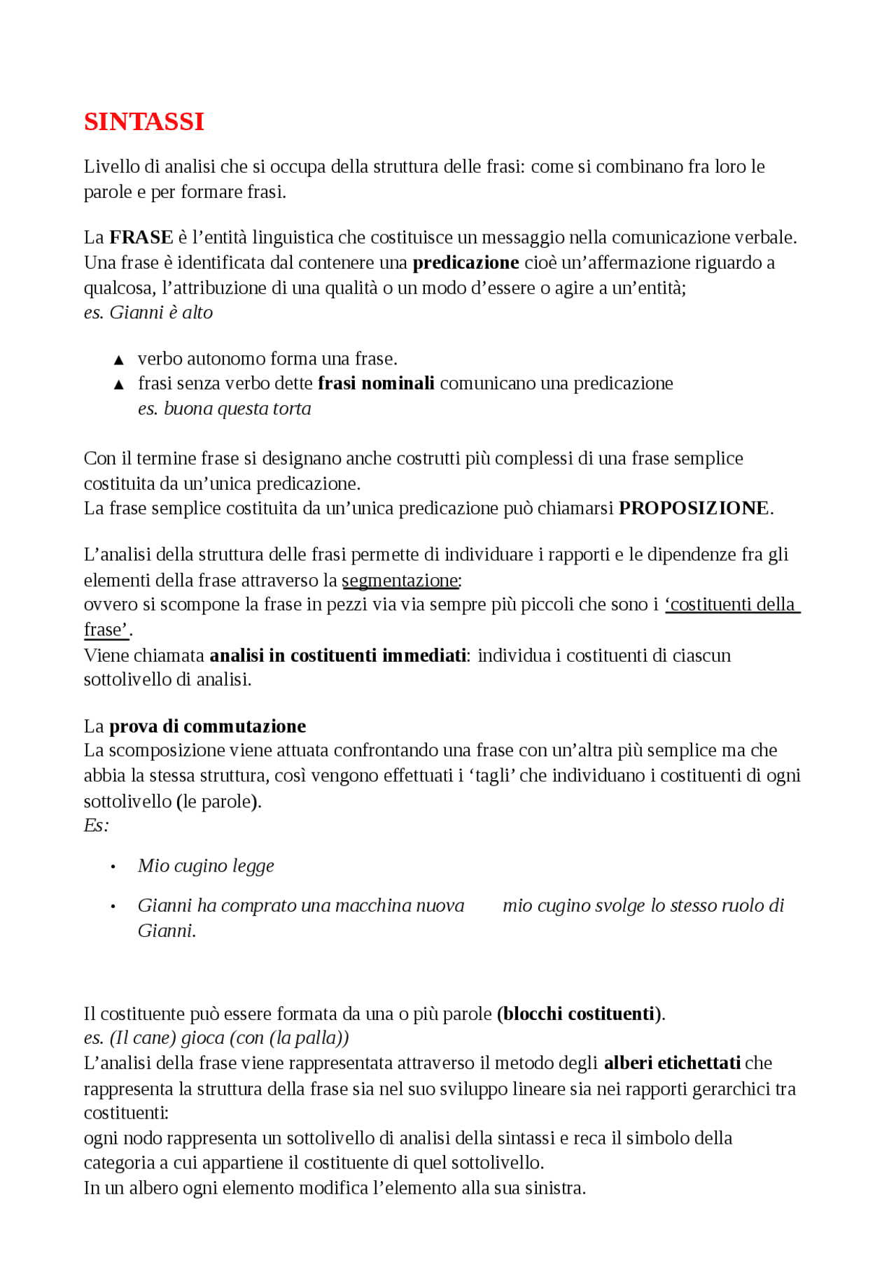 Linguistica Generale Sintassi Docsity